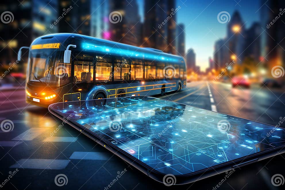 Smart Bus with Map and City in the Background. 3d Rendering Stock ...