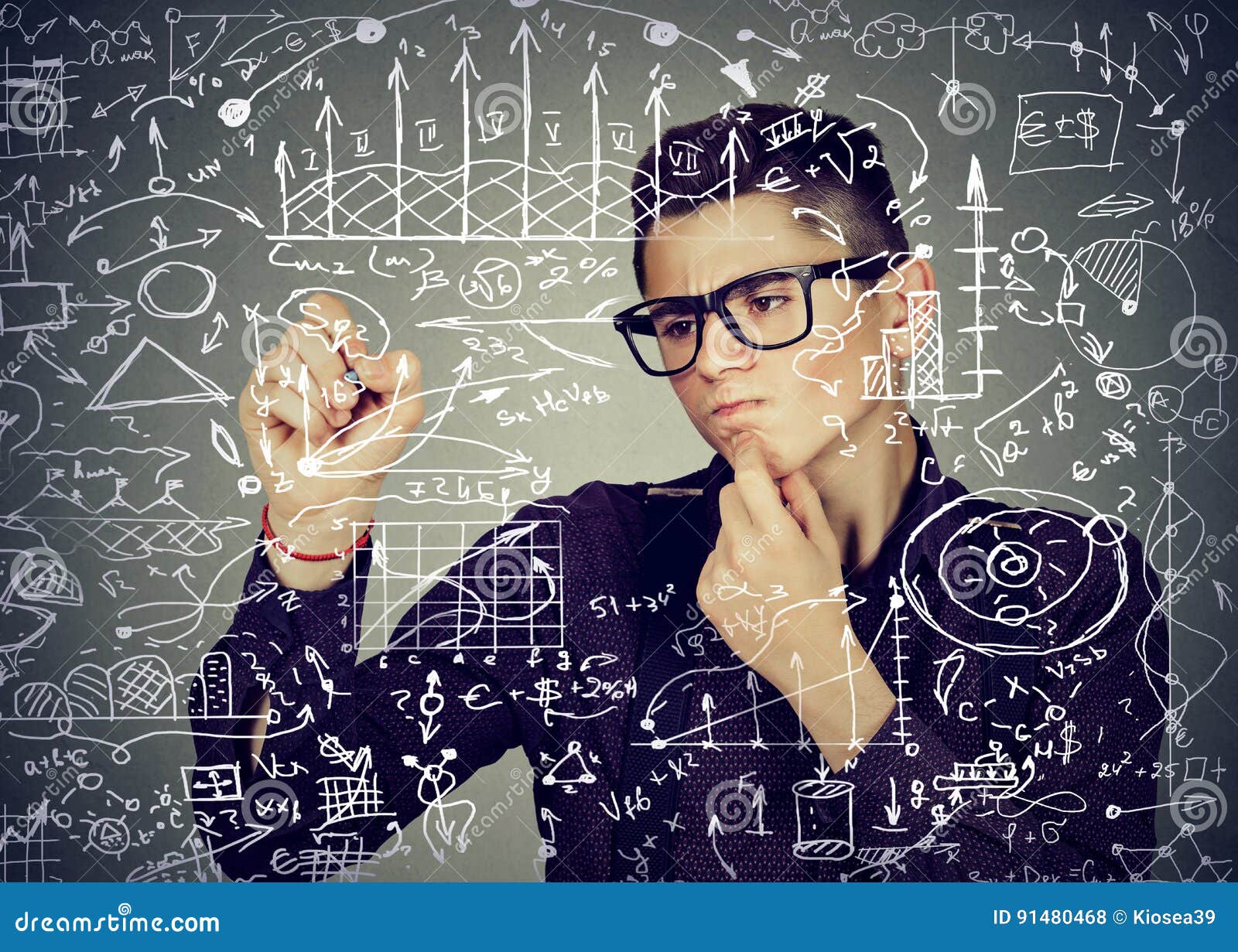 Smart Business Man Writing Formulas or Science Financial Calculations ...