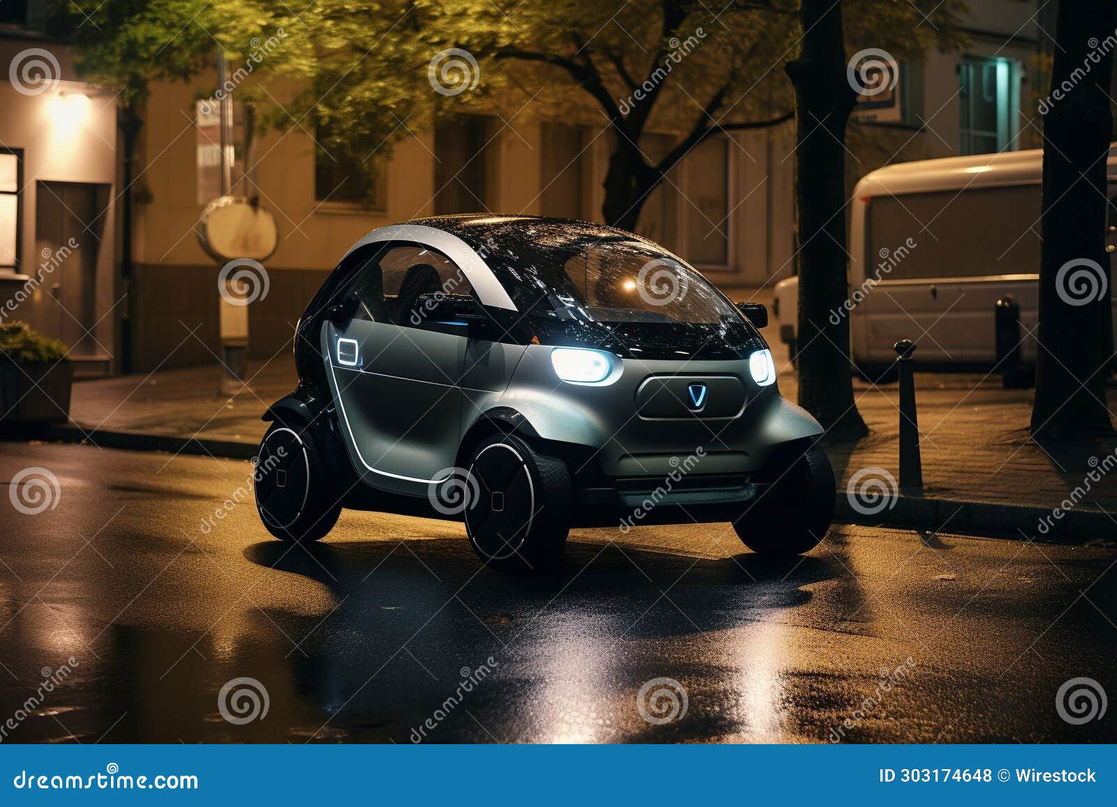 Smart Car Driving Down a Lit Street at Night, AI-generated. Stock ...