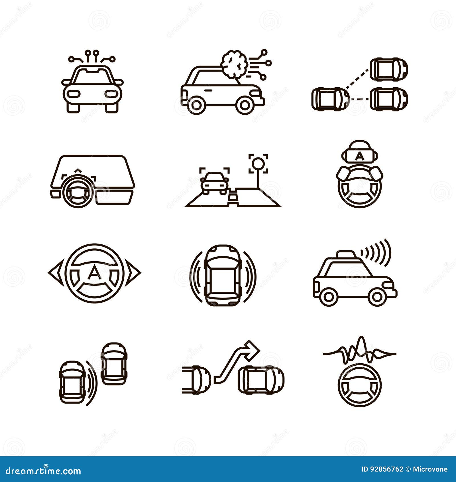Smart Car and Hands Free Driving Automatic System Vector Line Icons ...