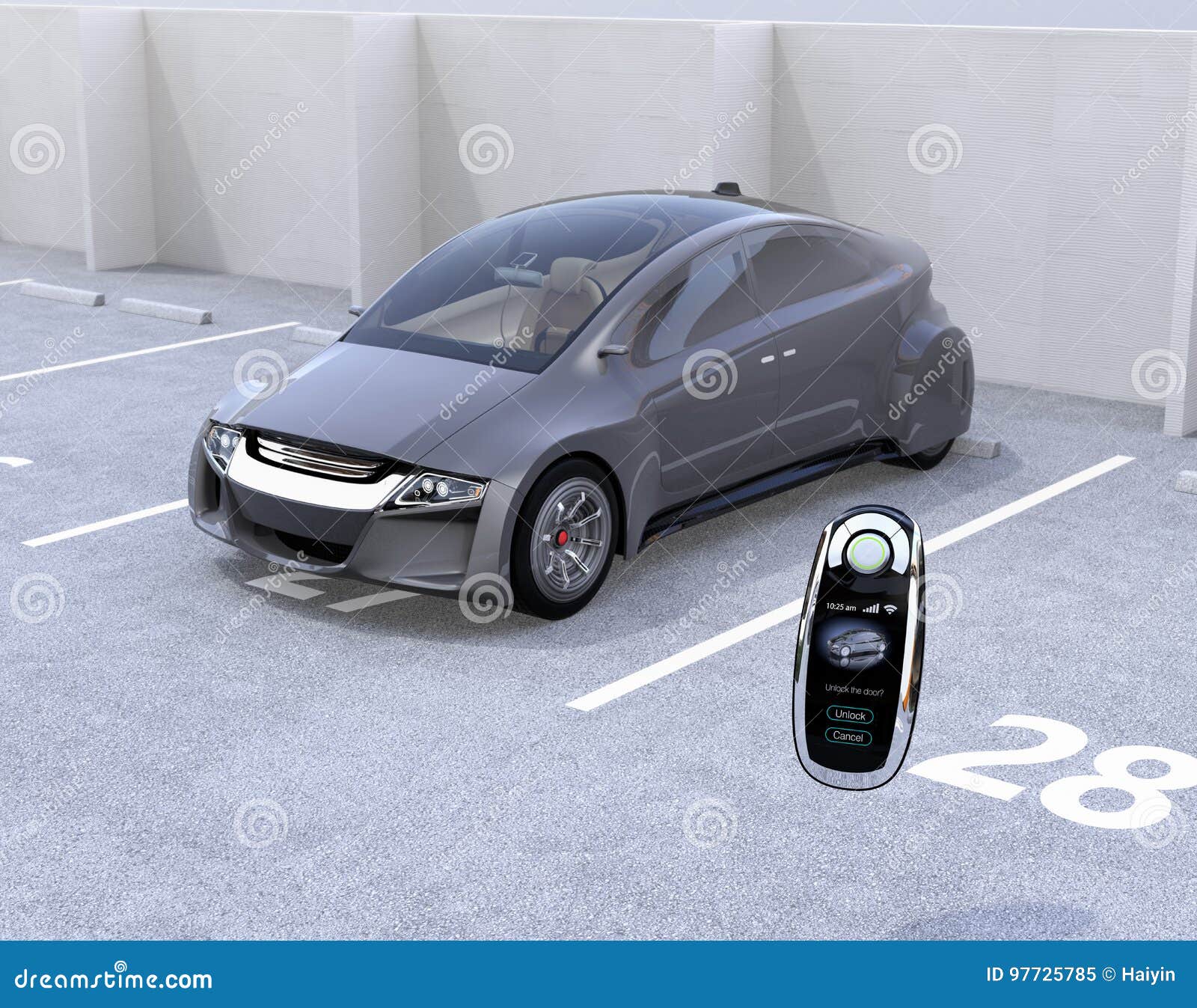 Smart Car Key and Electric Car in Parking Lot Stock Illustration ...