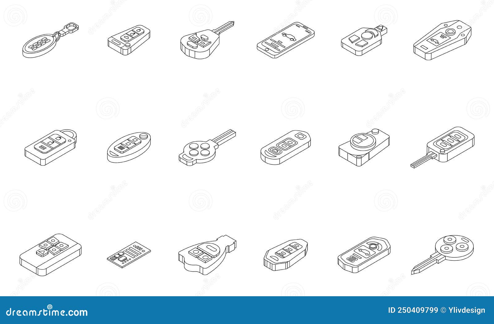 Smart Car Key Icons Set Vector Outline Stock Vector - Illustration of ...