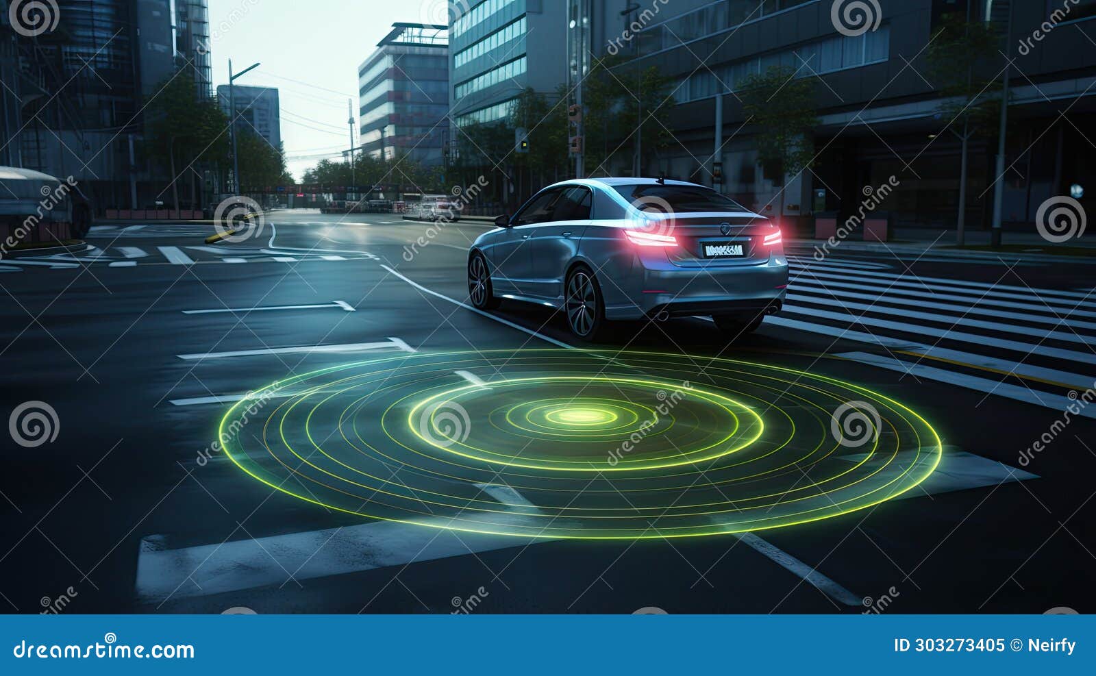 Smart Car Radar Detection System, Driving and Parking in Big City Stock ...