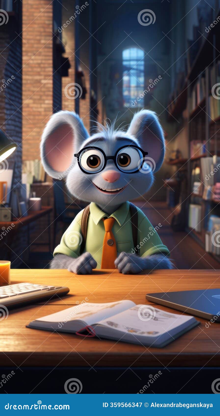 Smart Cartoon Mouse with Glasses Studying in Library Stock Illustration ...