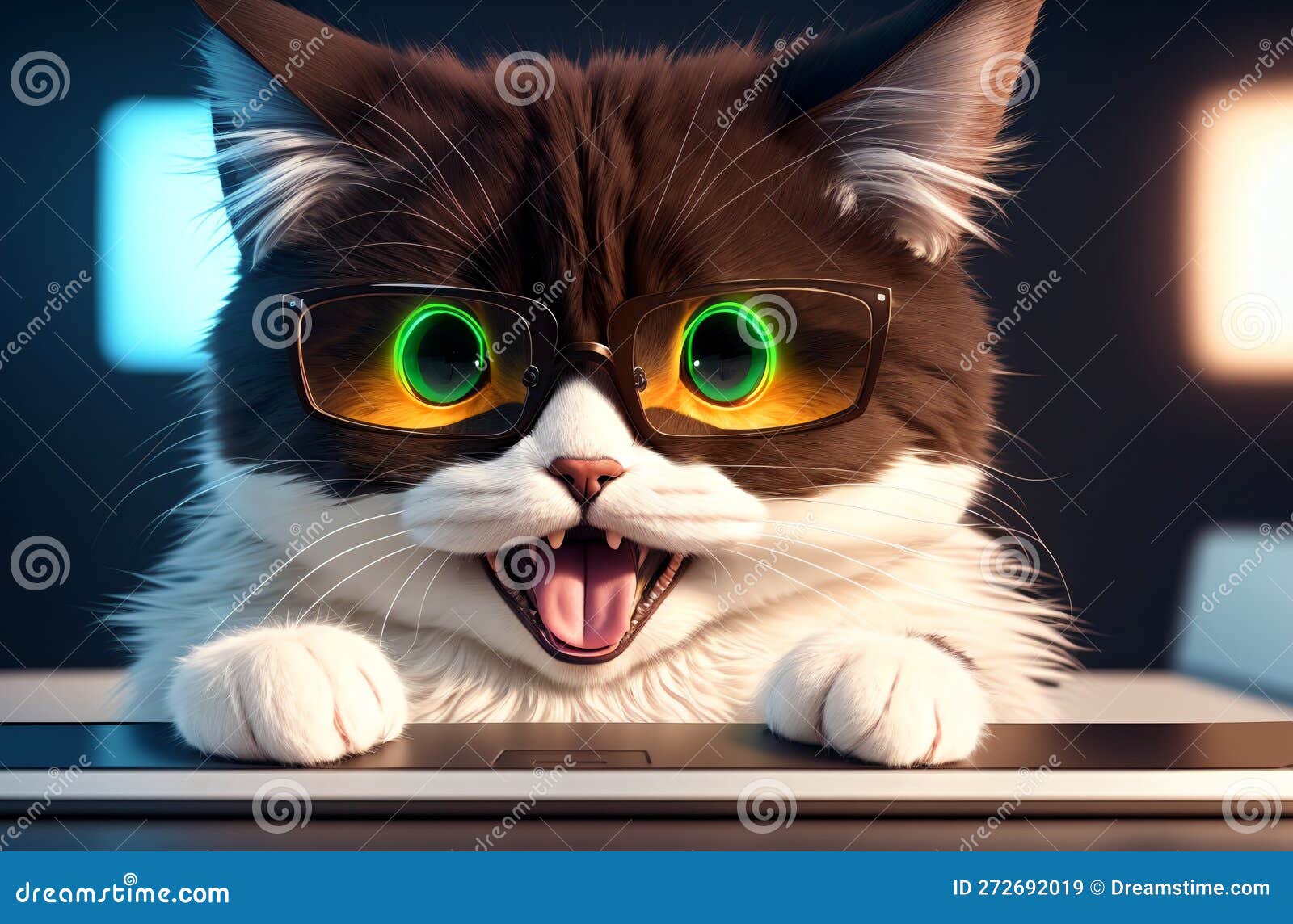 Smart Cat in Glasses with Open Mouth Sitting at Laptop. Generative AI ...