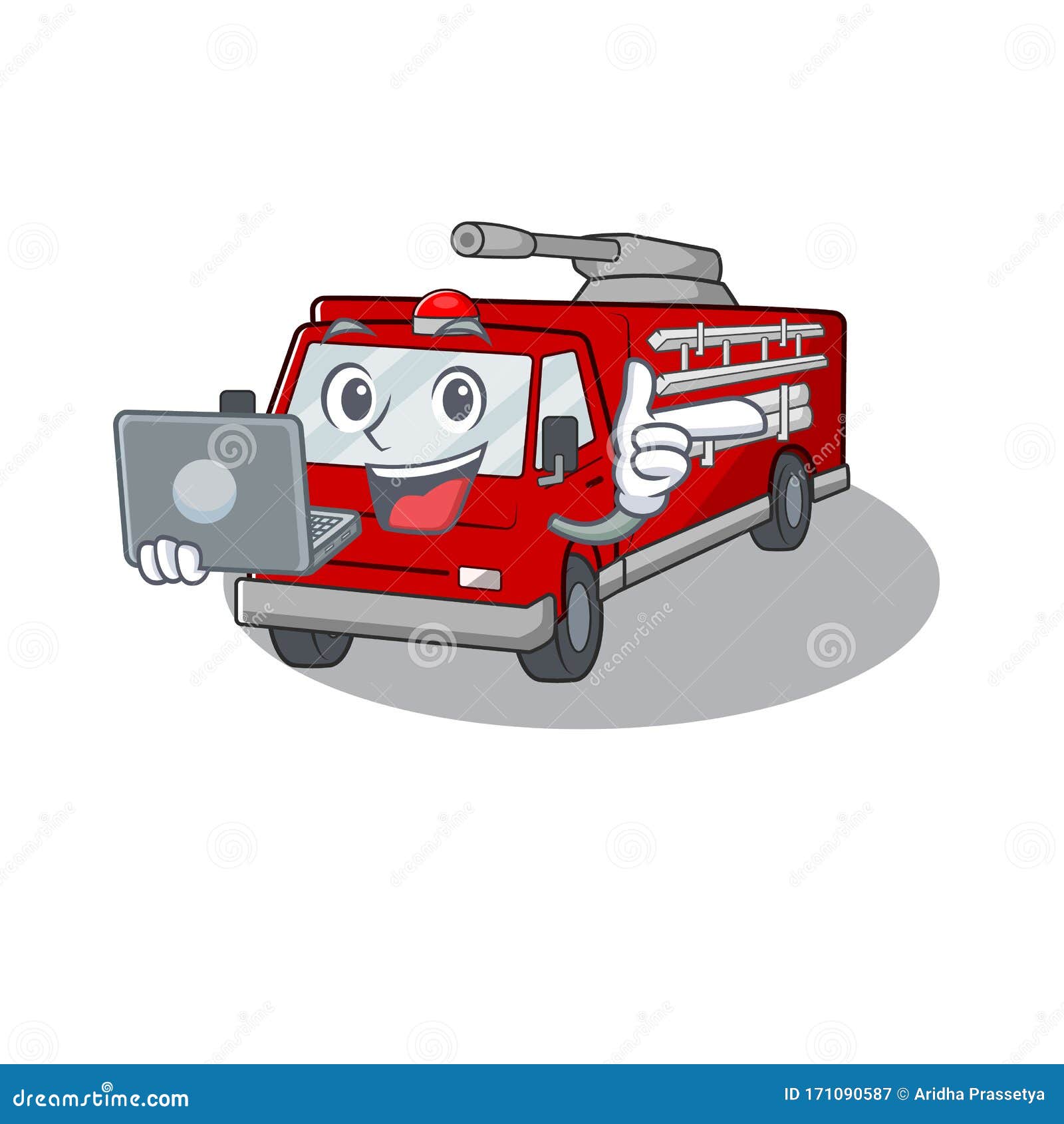 Smart Character of Fire Truck Working with Laptop Stock Vector ...