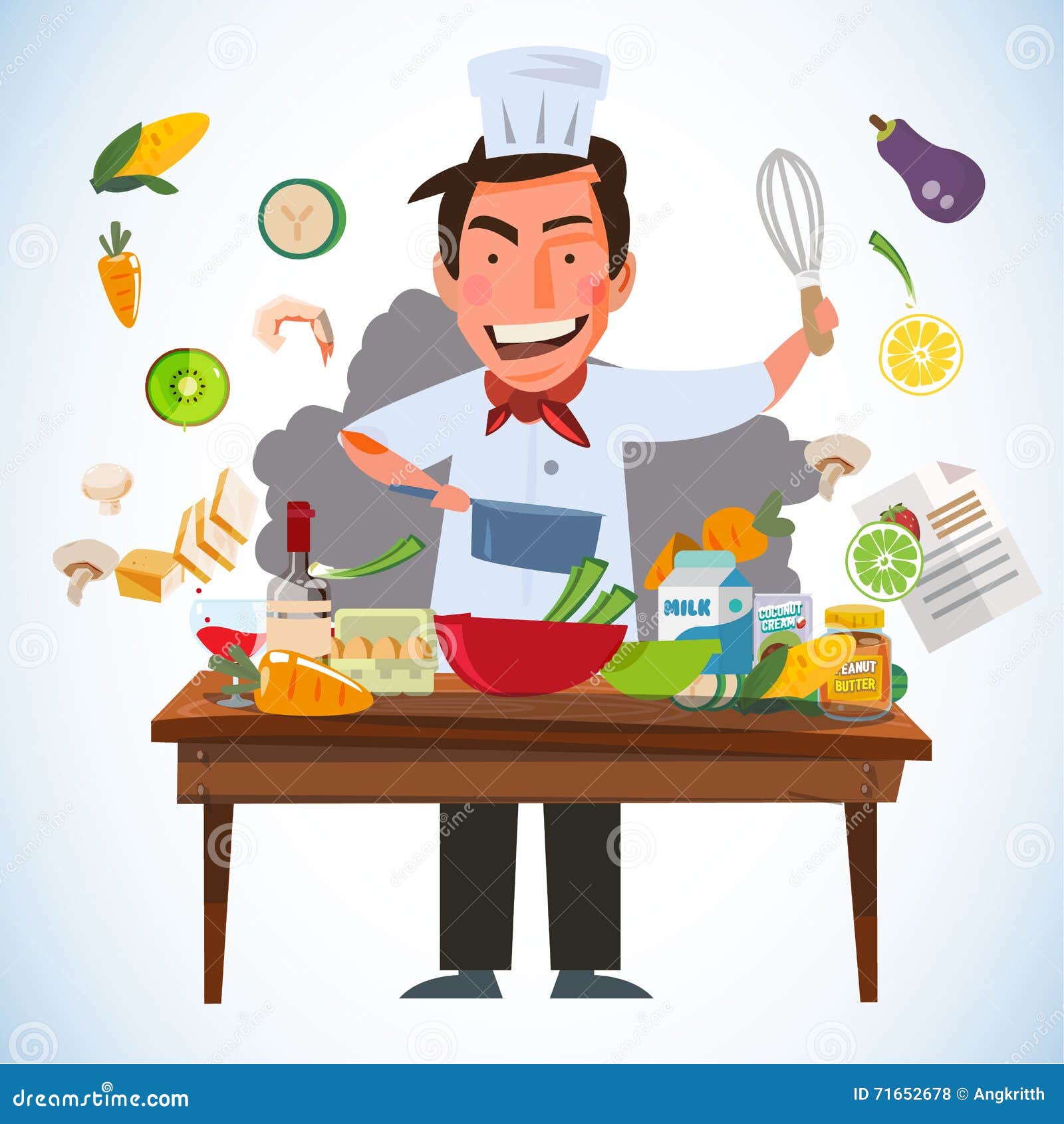 Smart Chef Character Cooking Behind Kitchen Table with Various O Stock ...