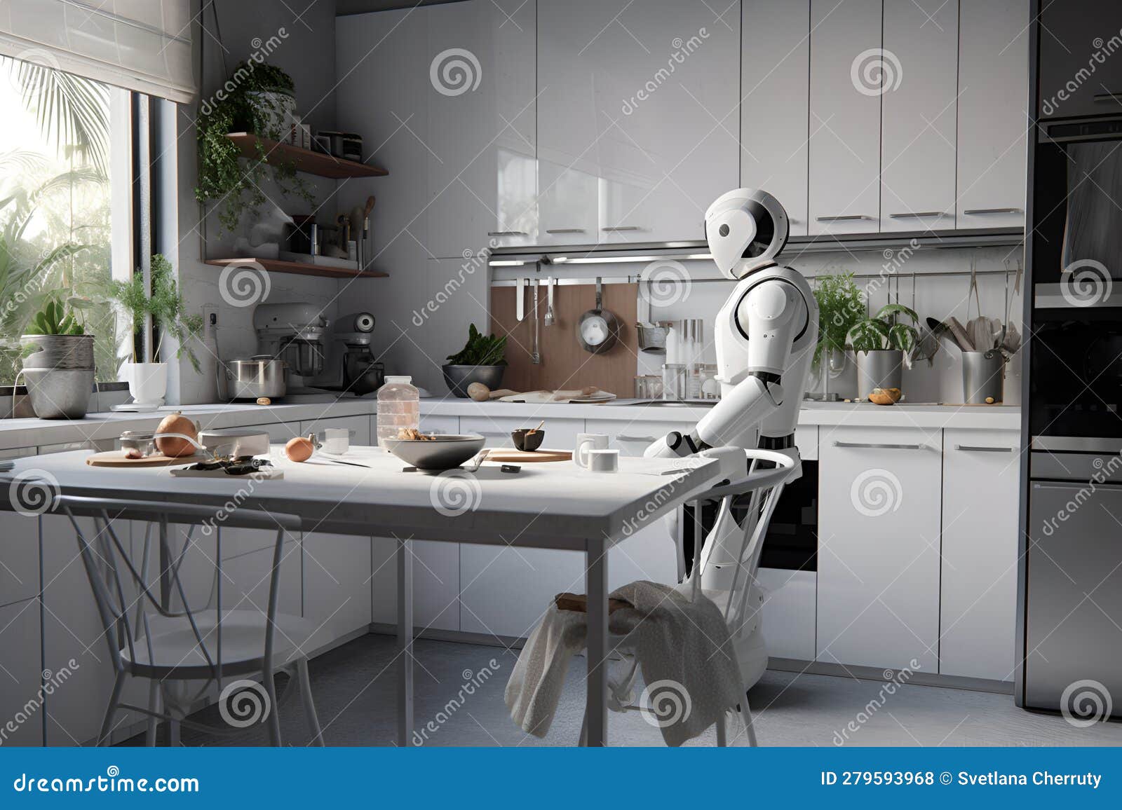 Smart Chef Robot Cook and Help in Kitchen. Modern Interior with ...