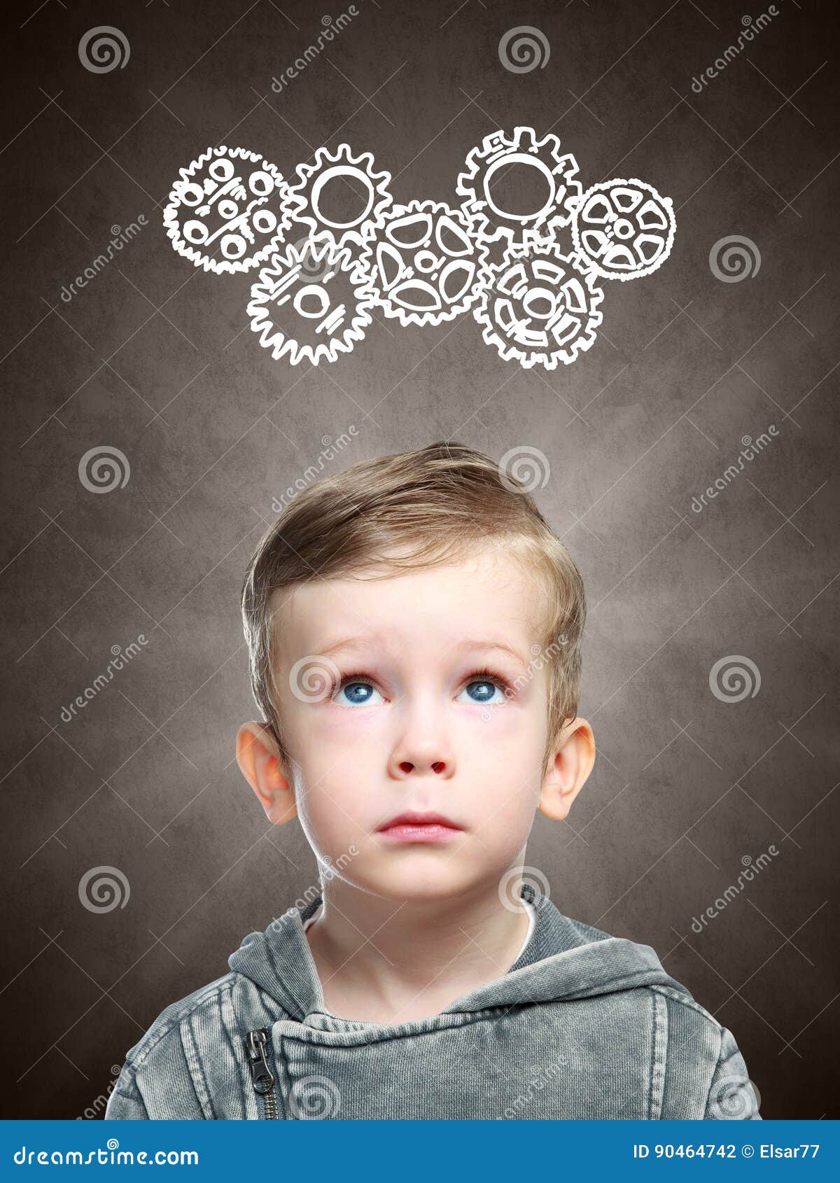 Smart Child Thinks of Looking at Gears Stock Photo - Image of ...