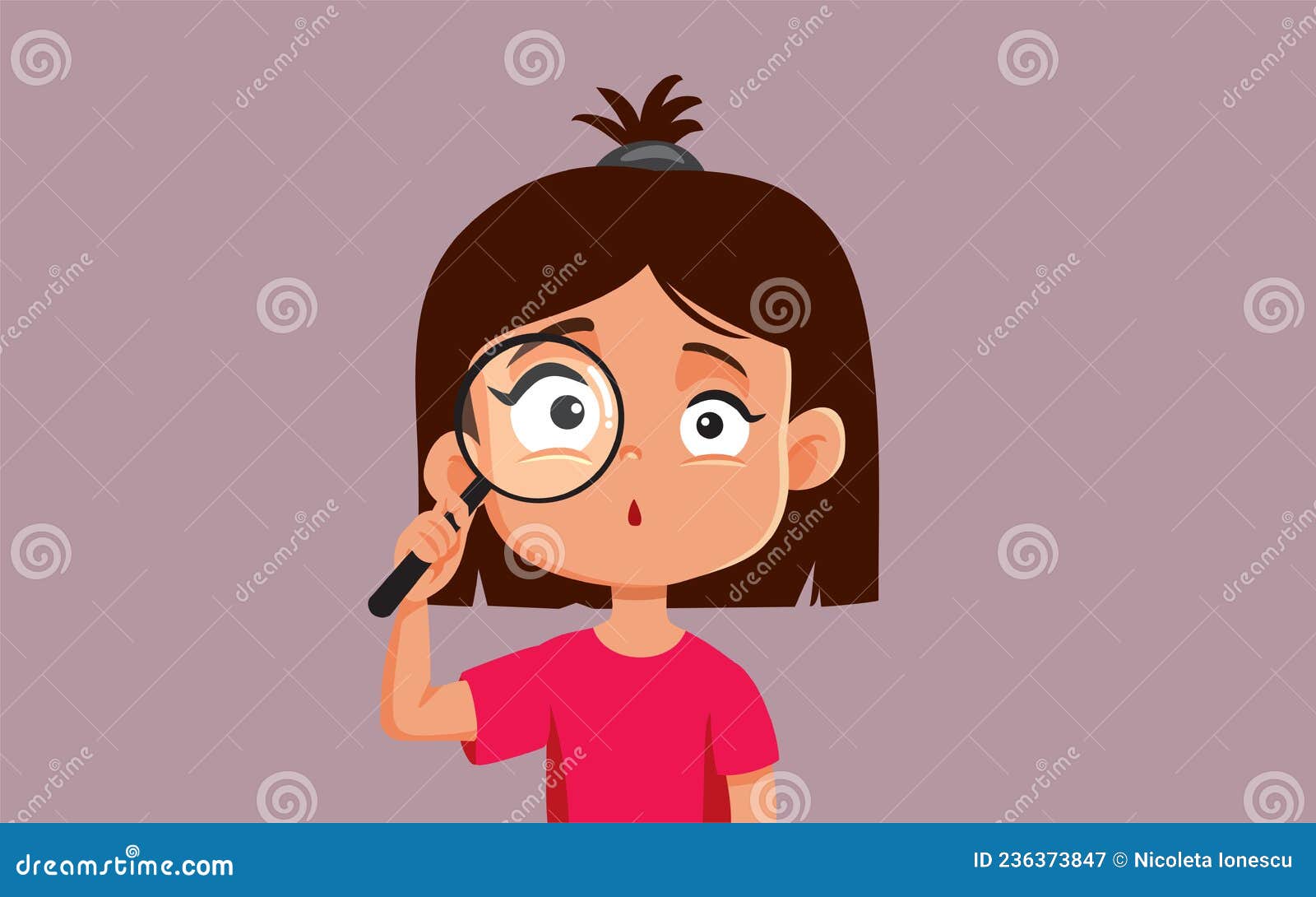 Curious Girl Holding A Magnifying Glass Vector Cartoon Illustration ...