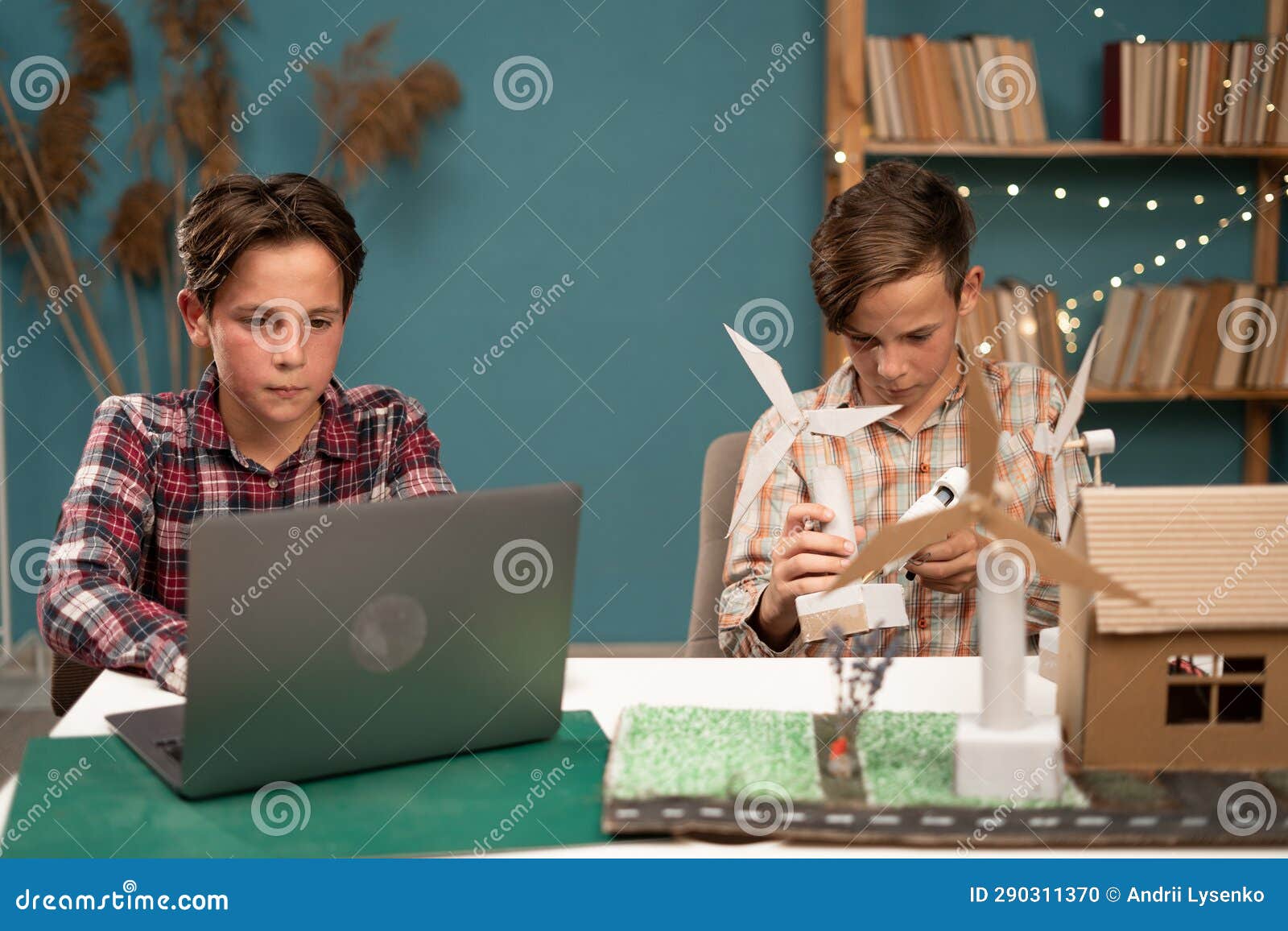 Smart Children Work As a Team Using Laptop Computer To Program Wind ...