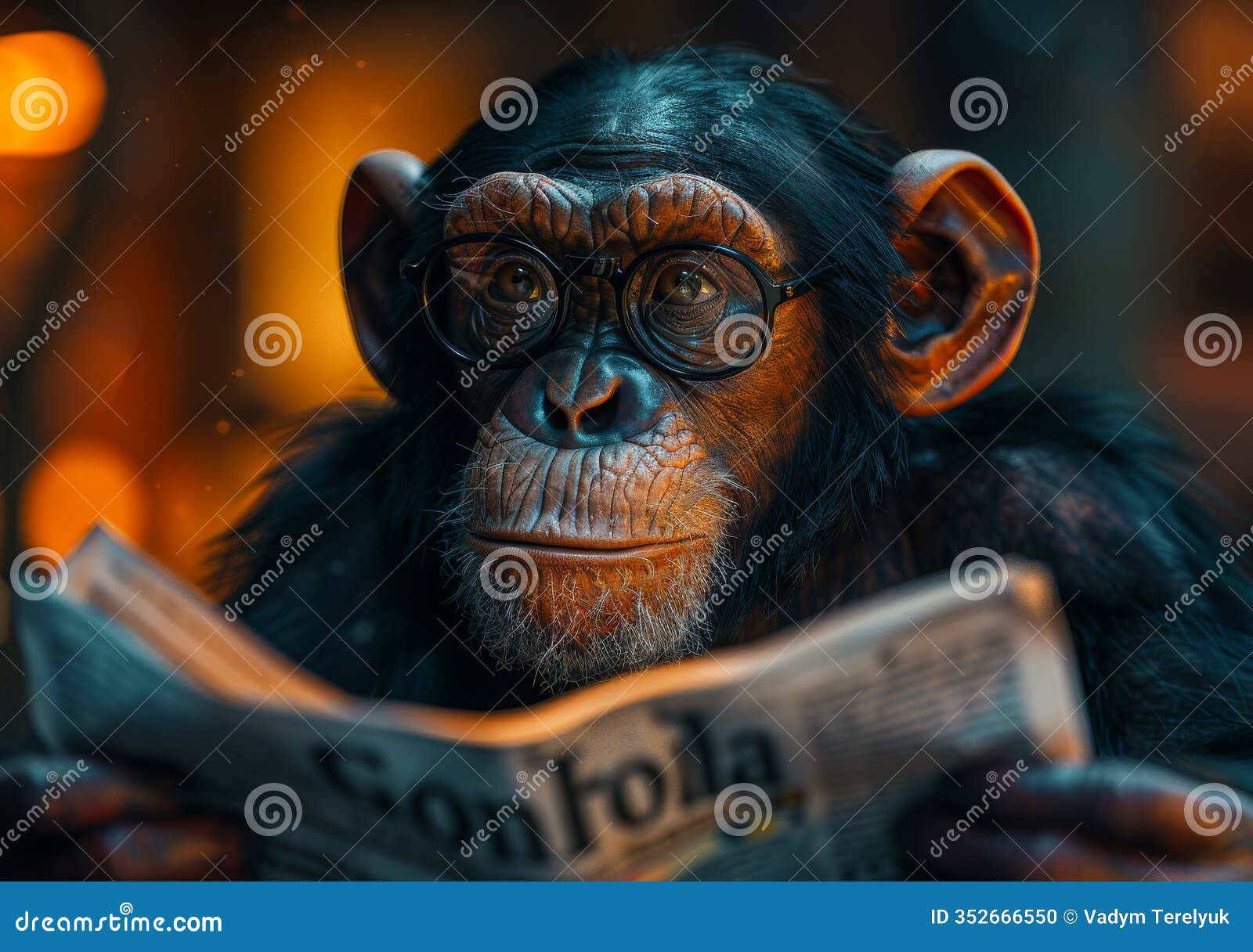 Smart Chimpanzee Wearing Glasses and Reading Newspaper Stock Photo ...