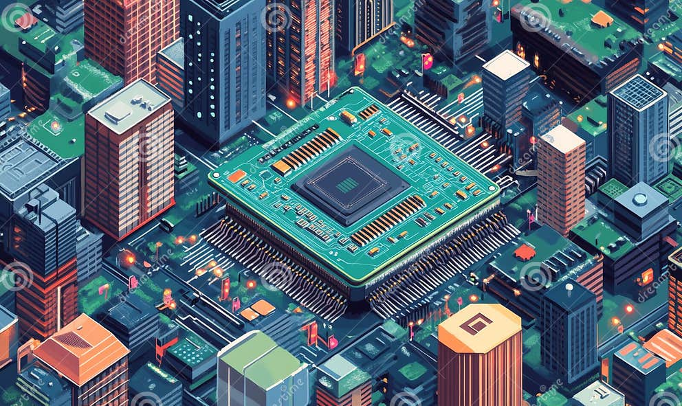Smart City Concept Represented by a Microchip Surrounded by Buildings ...