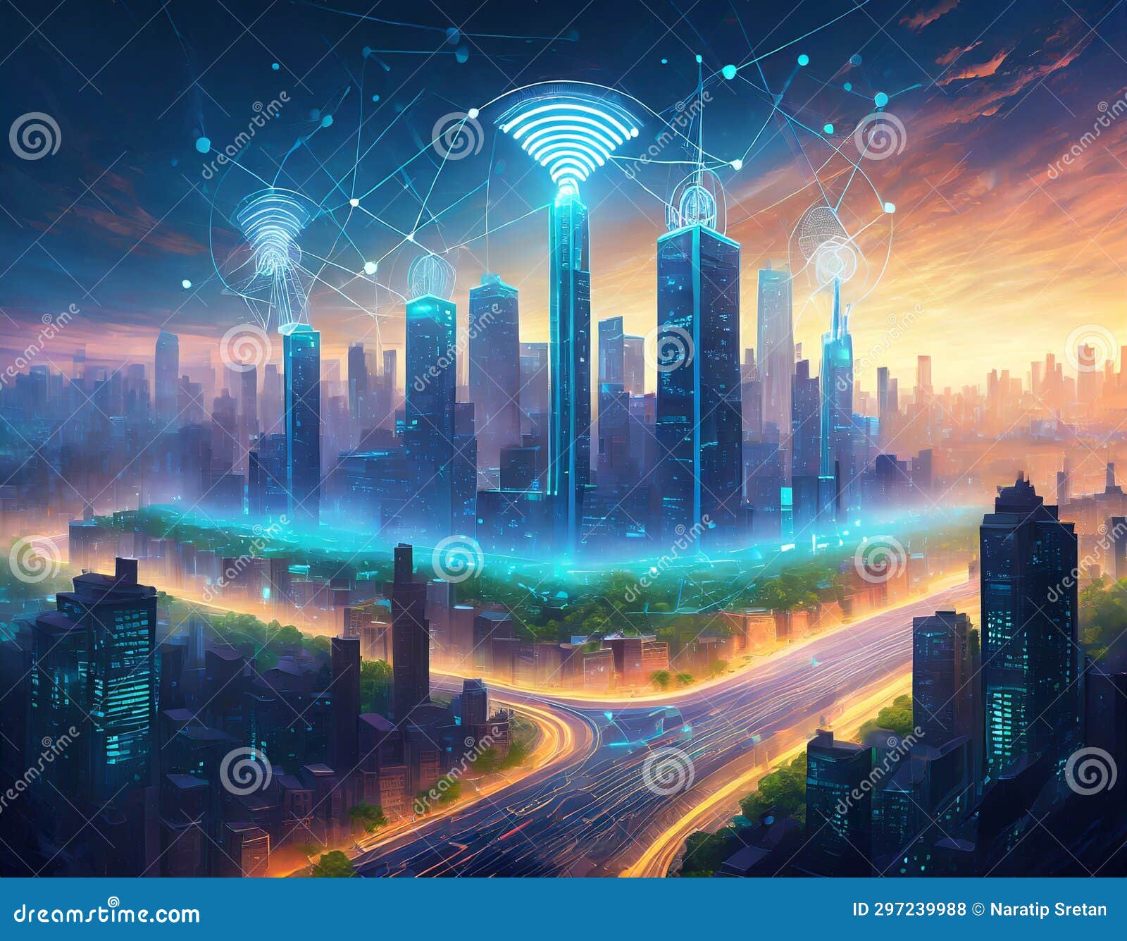 Smart City Concept with Wireless Network Connection Stock Photo - Image ...