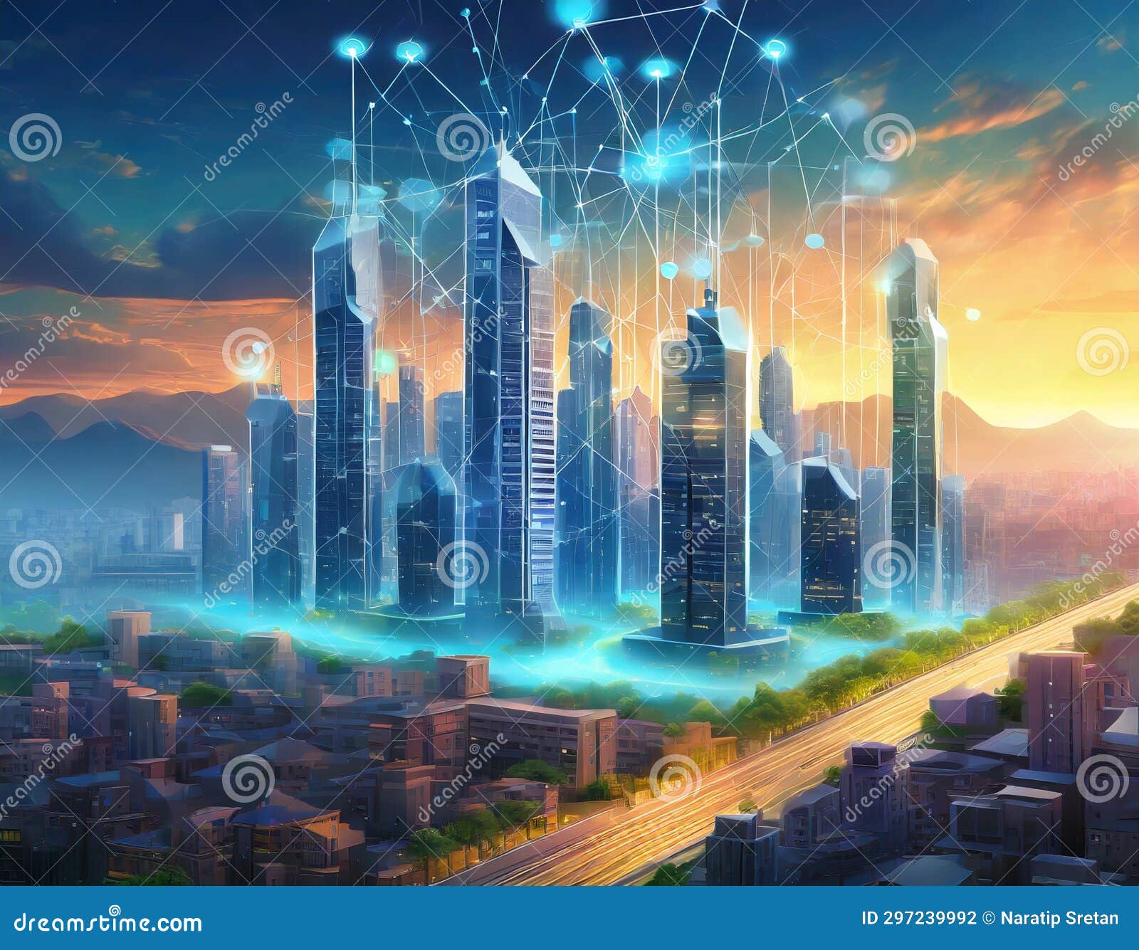 Smart City Concept with Wireless Network Connection Stock Photo - Image ...
