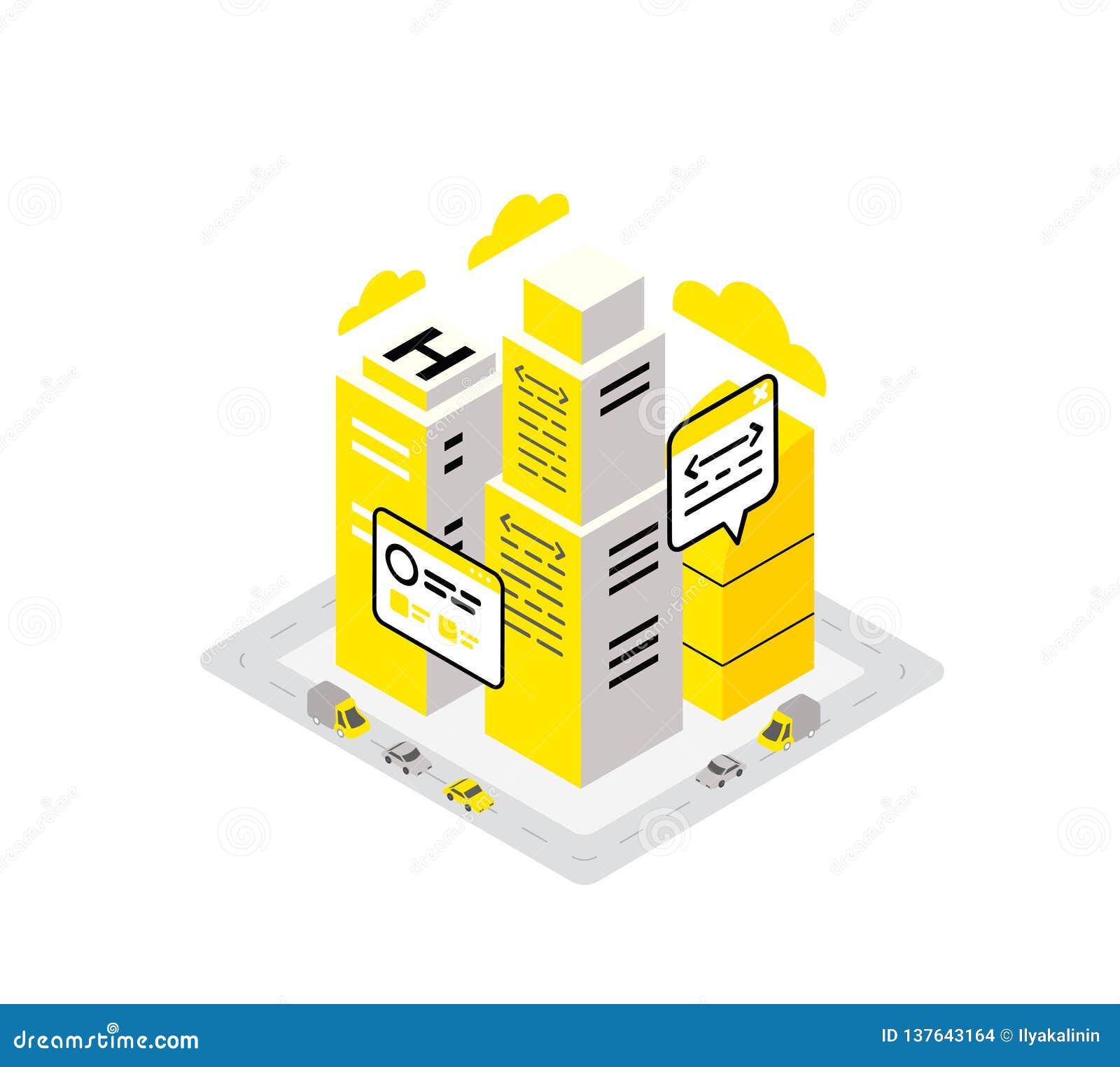 Smart City Data Infrastructure Server Isometric Concept. Yellow, Black ...