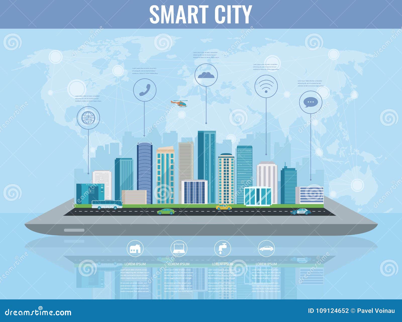 Smart City on a Digital Touch Screen Tablet with Different Icon. City ...
