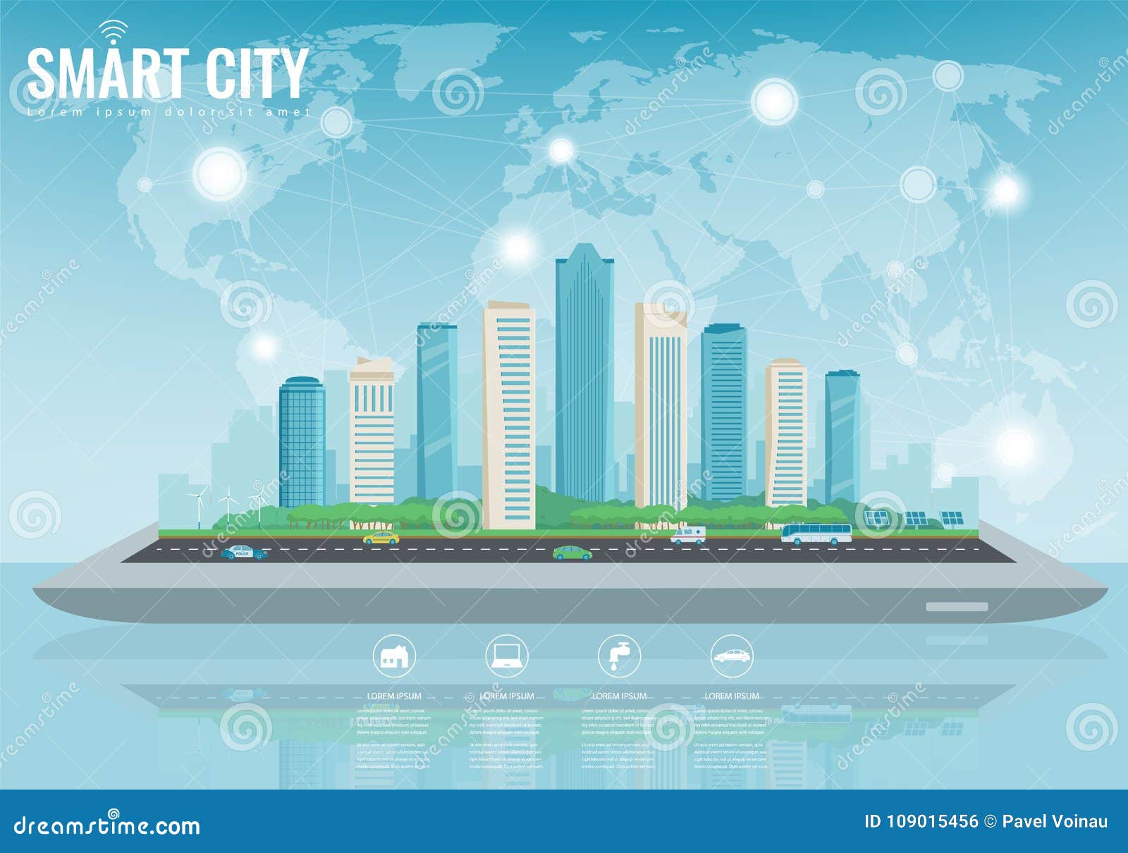 Smart City on a Digital Touch Screen Tablet with Different Icon. City ...