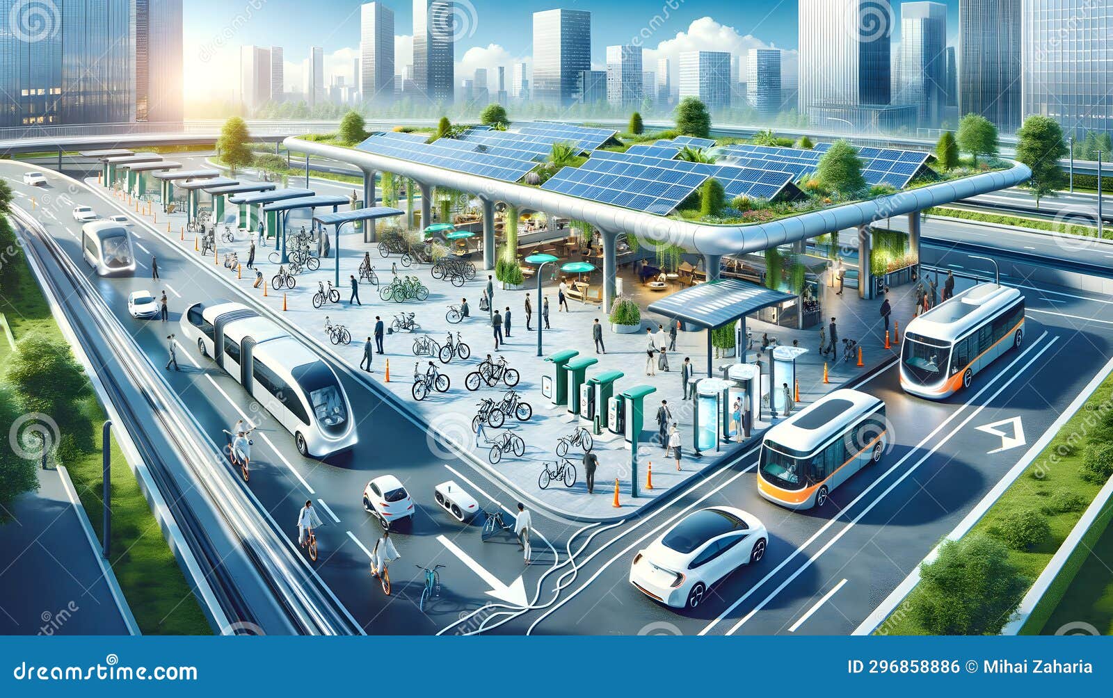 Smart City with Eco-Friendly Transportation Hub Illustration. Created ...