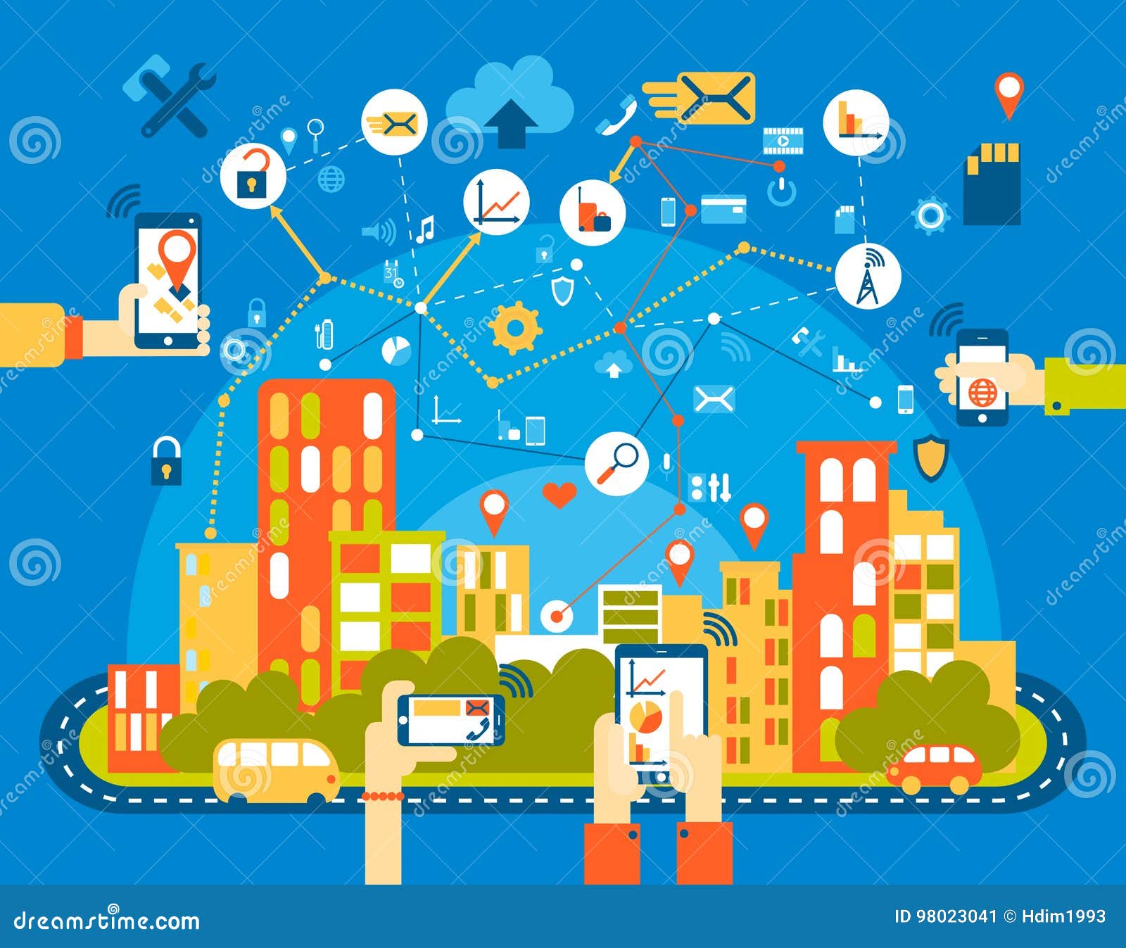 Smart City Flat. Cityscape Background with Different Icon and Elements ...