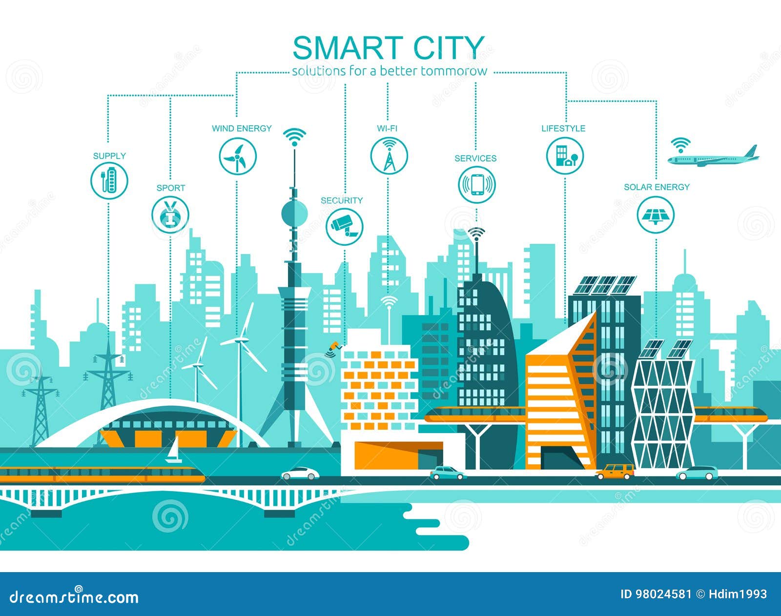 Smart City Flat. Cityscape Background with Different Icon and Elements ...