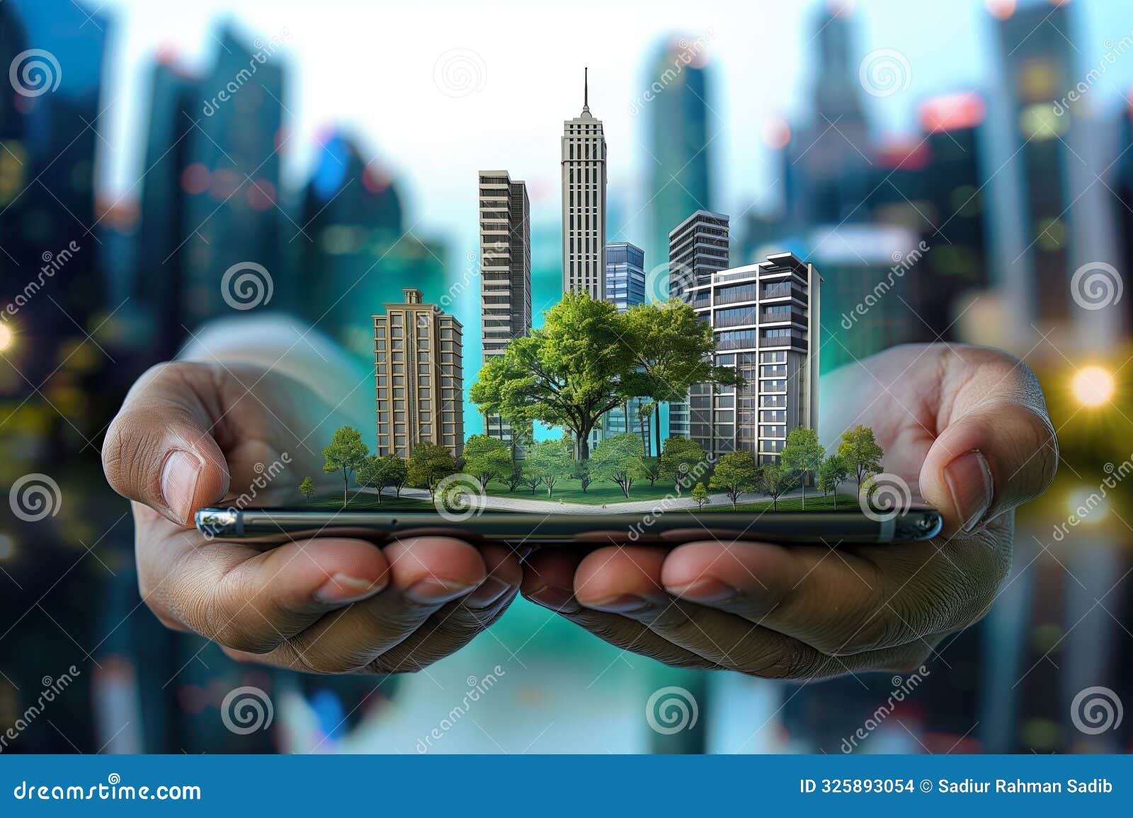 Smart city in human hand. stock illustration. Illustration of office ...