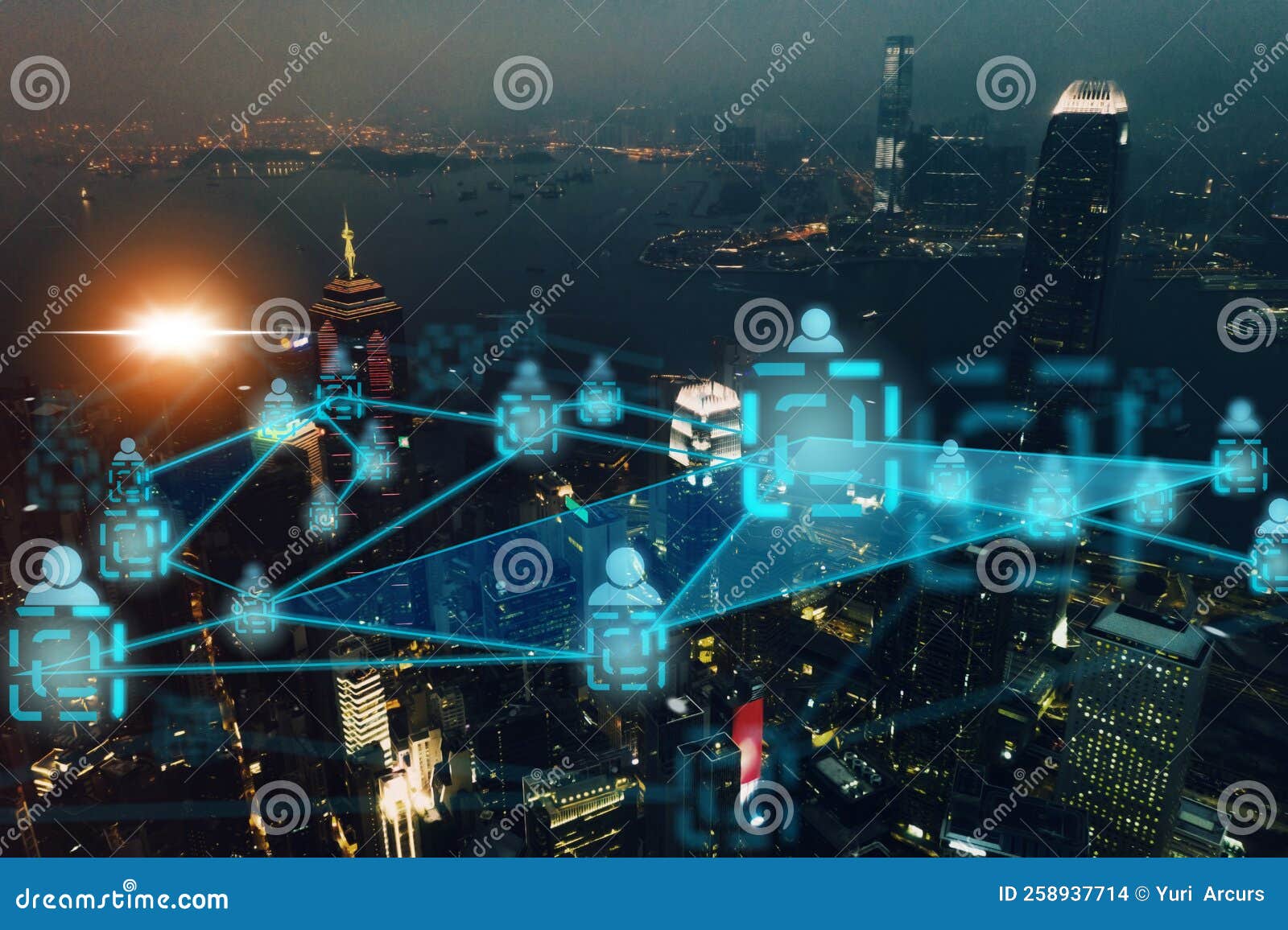 Smart City, Iot Network and Cloud Computing, Night Drone or Aerial View ...