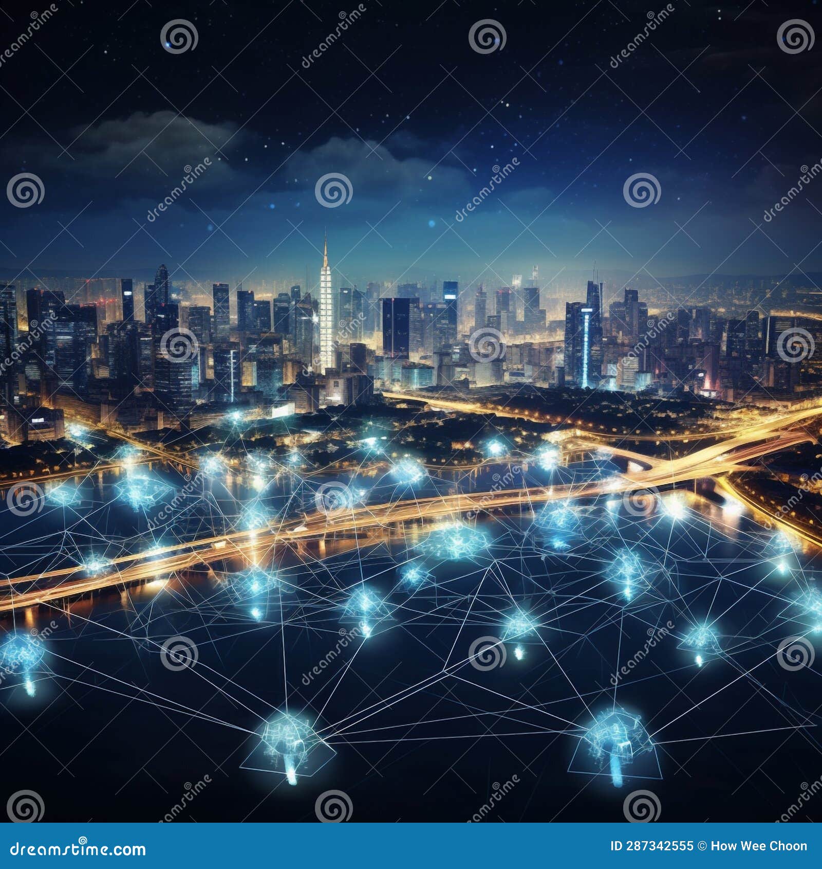 Smart City with Light Connection Design Stock Image - Image of light ...