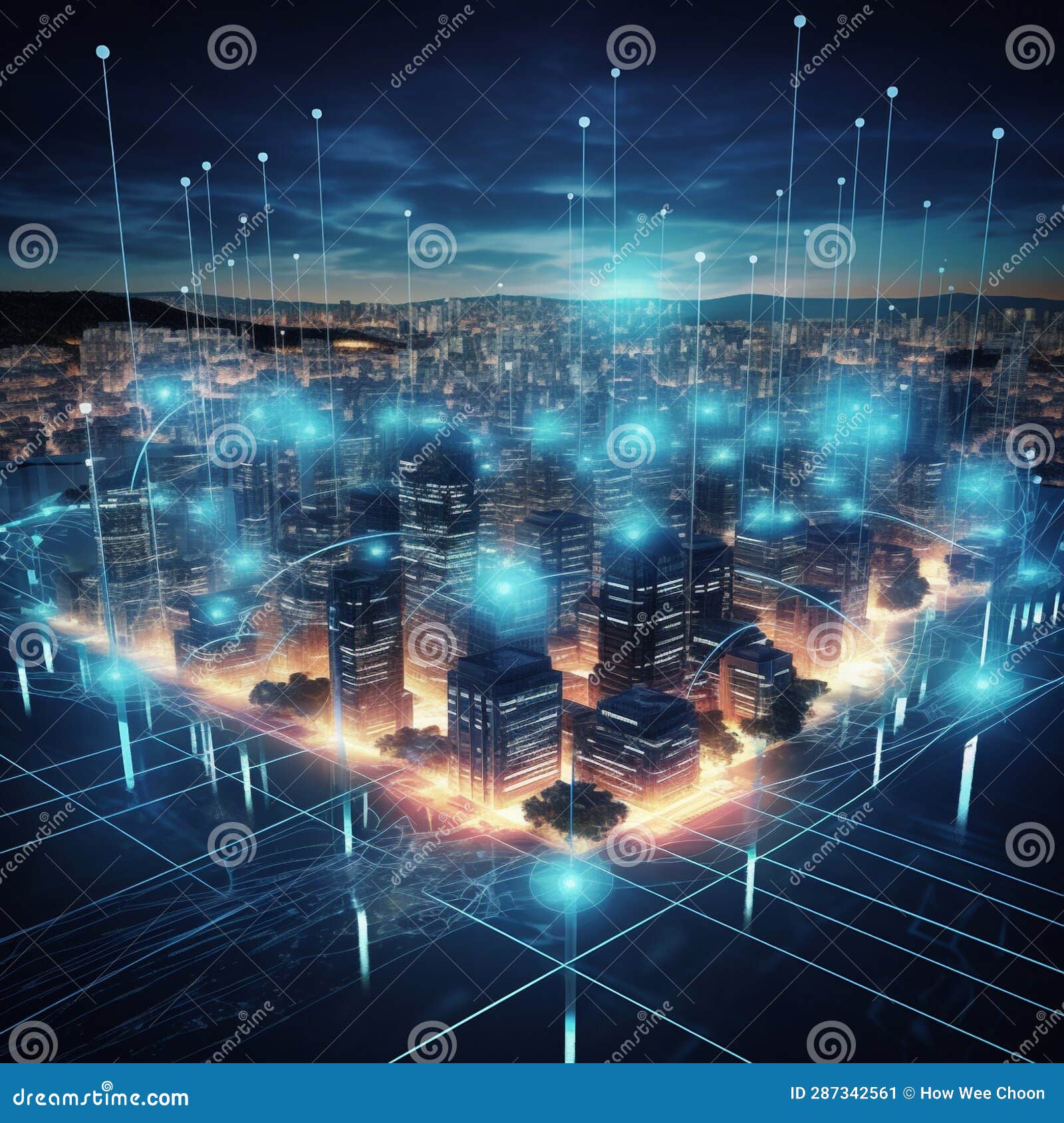 Smart City with Light Connection Design Stock Illustration ...