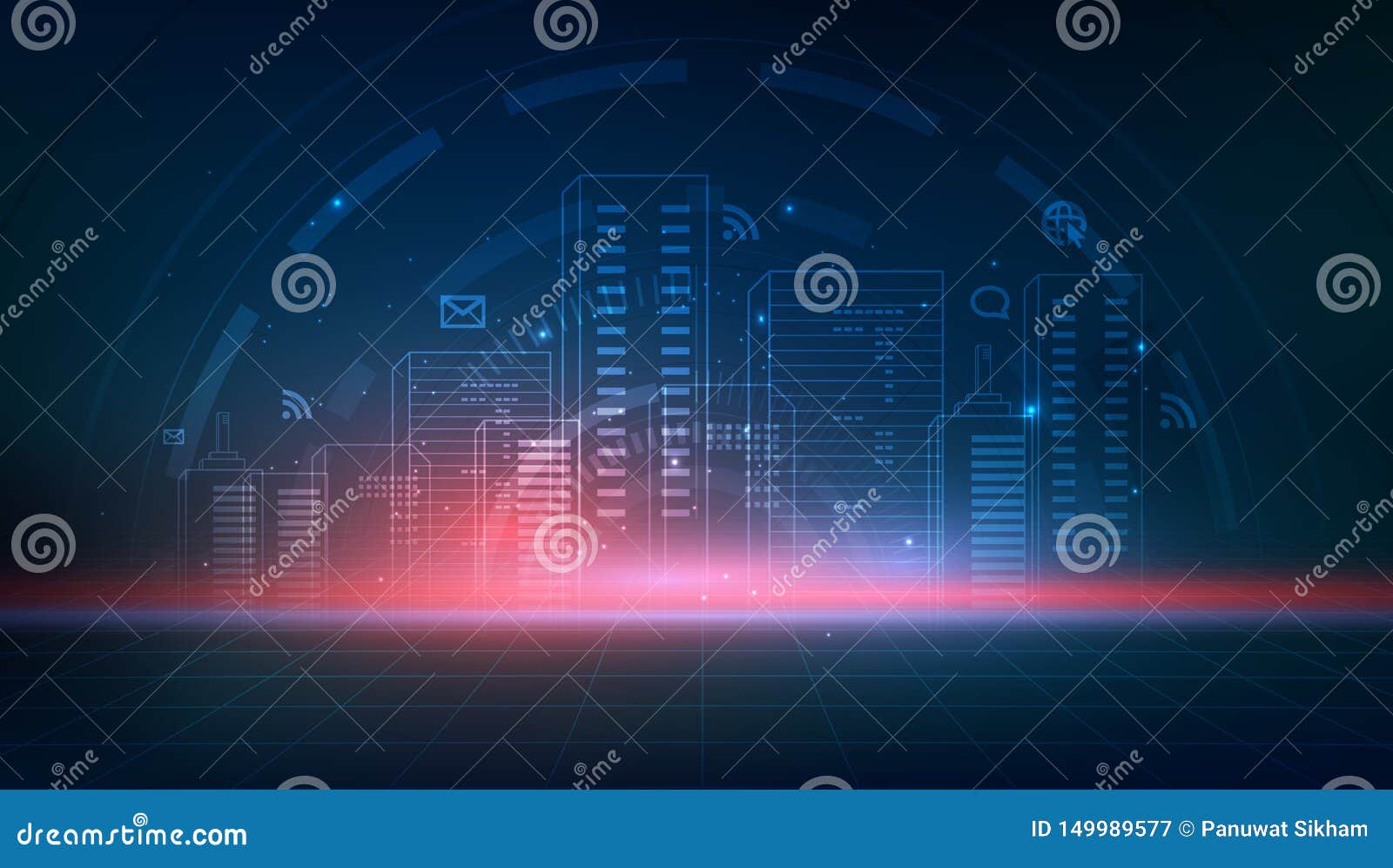 Smart City with Neon Buildings, Networks and Internet. Vector ...