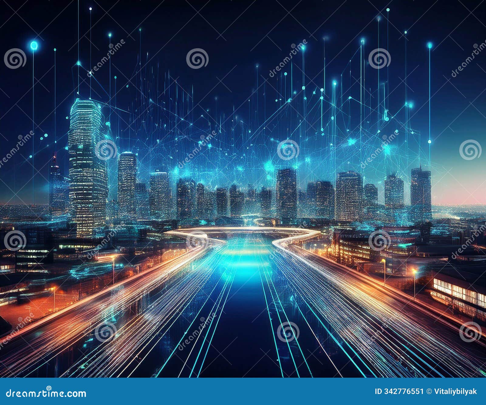 Smart City at Night with Data Overlay Stock Illustration - Illustration ...