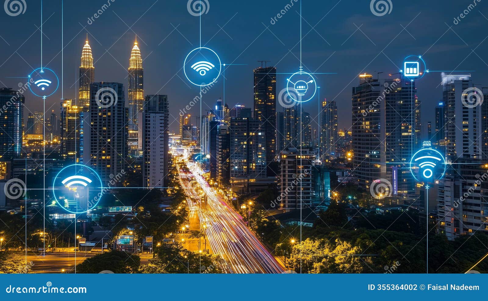 Smart City Night Skyline Technology Network Digital Wireless Cityscape ...
