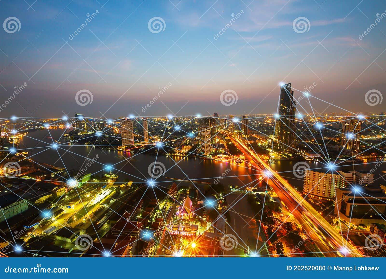 Colorful Smart City with Network Connections Aerial View, Communication ...