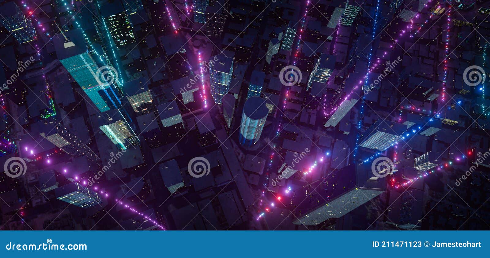 Smart City with Particle Glowing Light Connection Design Stock ...