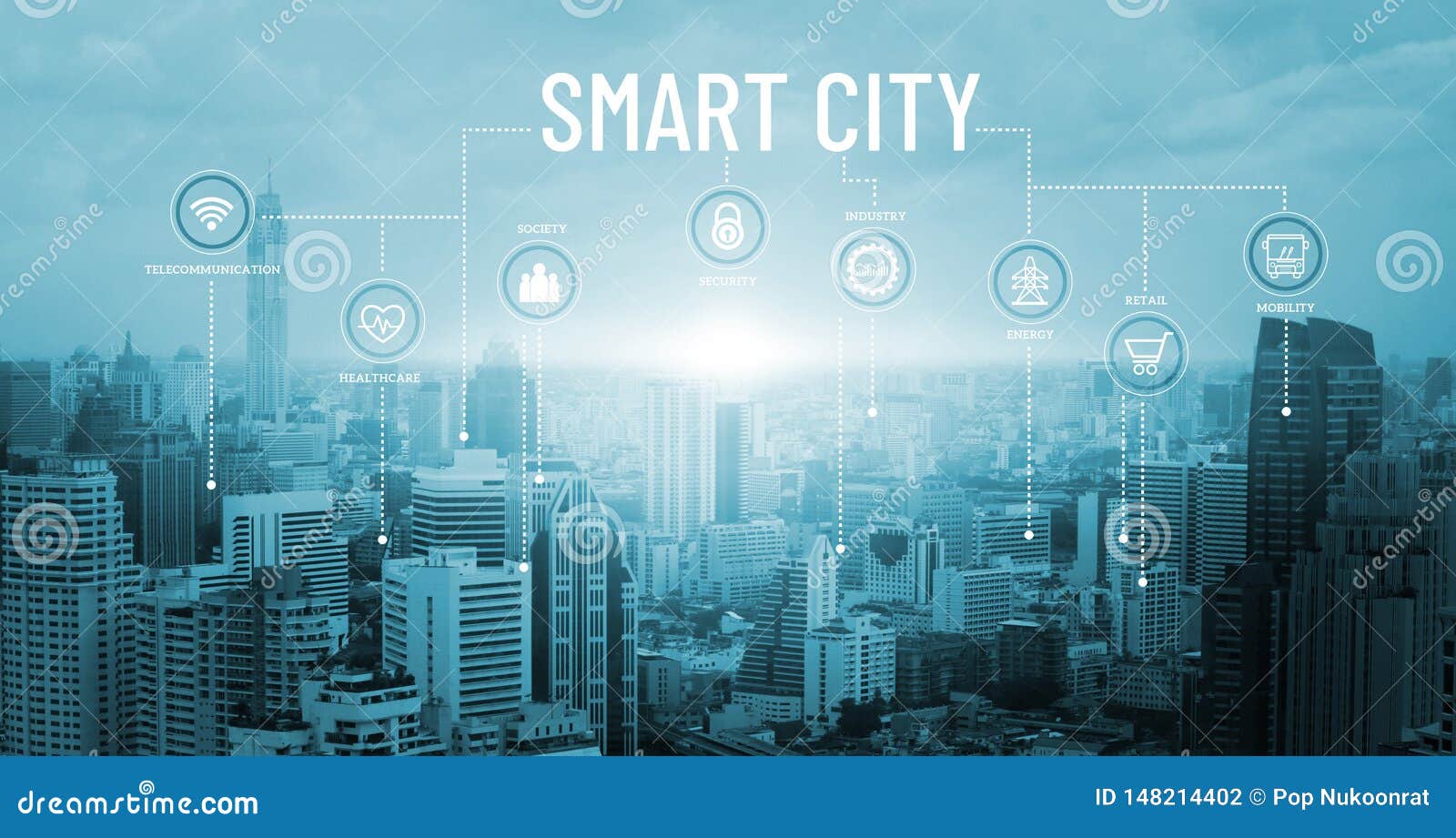 Smart City with Smart Services and Icons, Network Connection Stock ...
