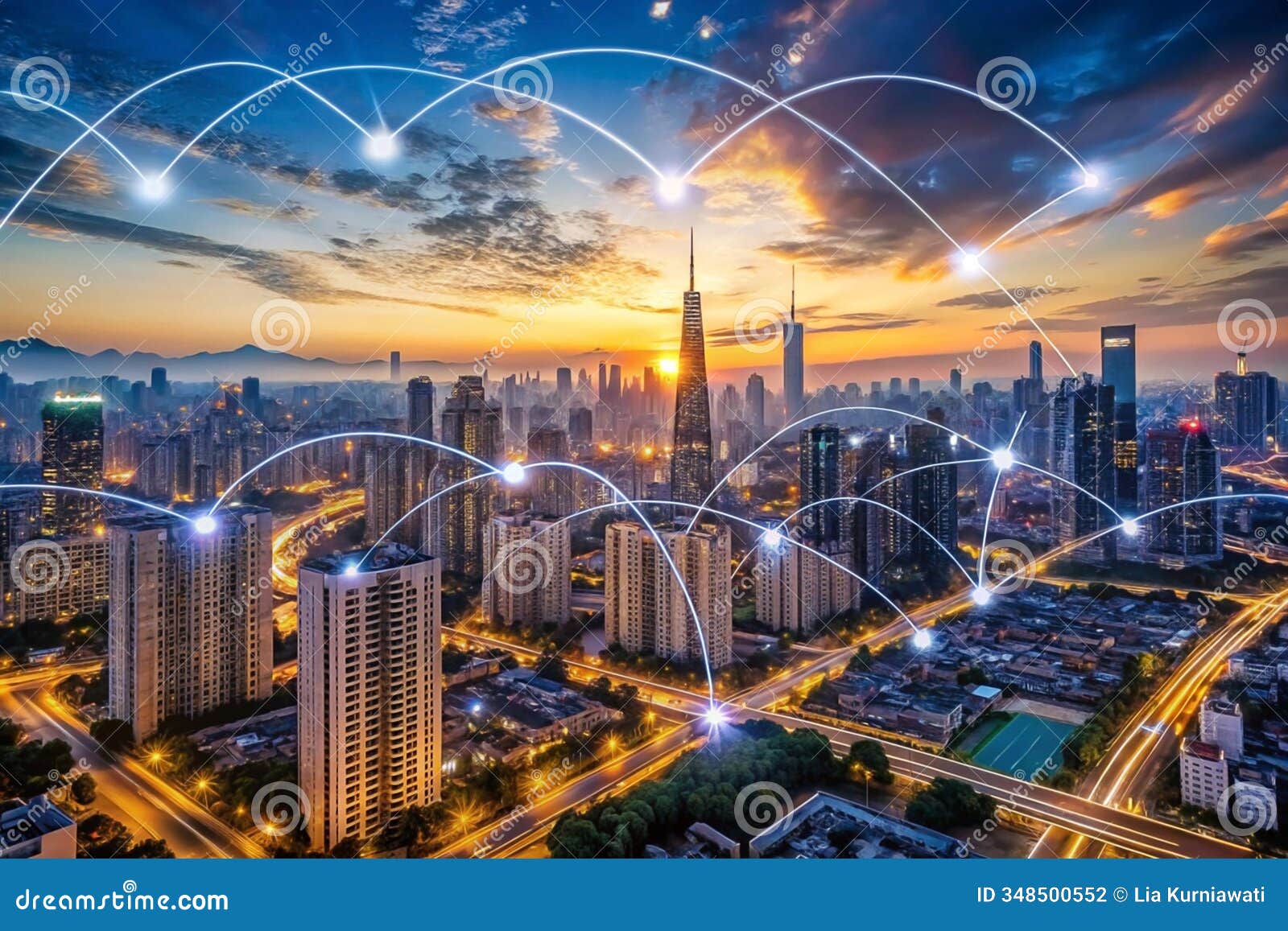 Smart City Skyline at Sunrise with Network Connections Stock Photo ...