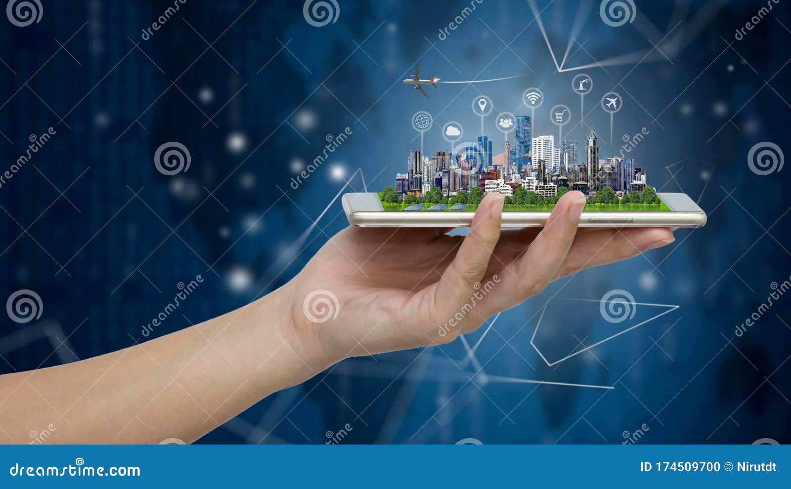 Smart city on smartphone stock photo. Image of cities - 174509700