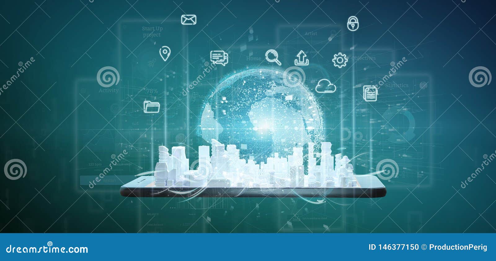 Smart City User Interface with Icon, Stats and Data 3d Rendering Stock ...