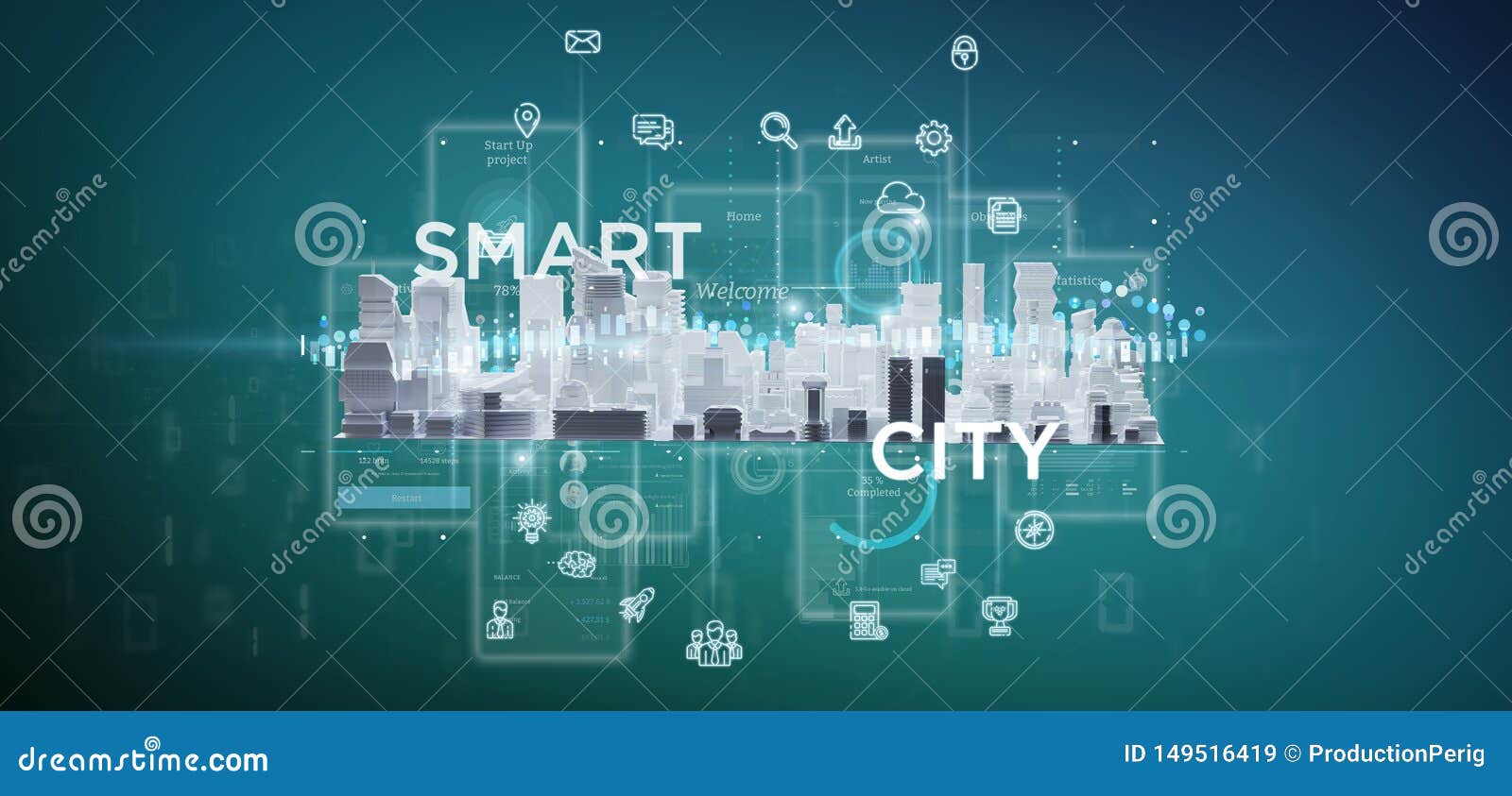 Smart City User Interface with Icon, Stats and Data 3d Rendering Stock ...