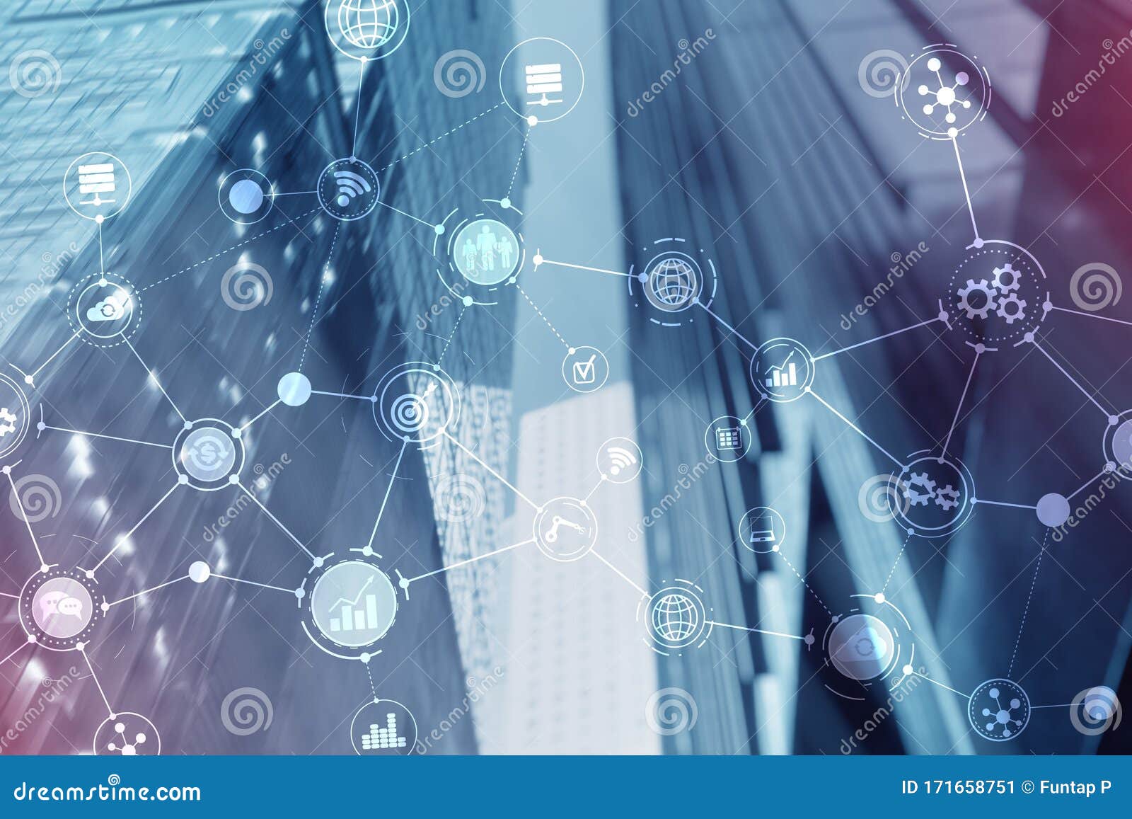 Smart City and Wireless Communication Network. Business District with ...