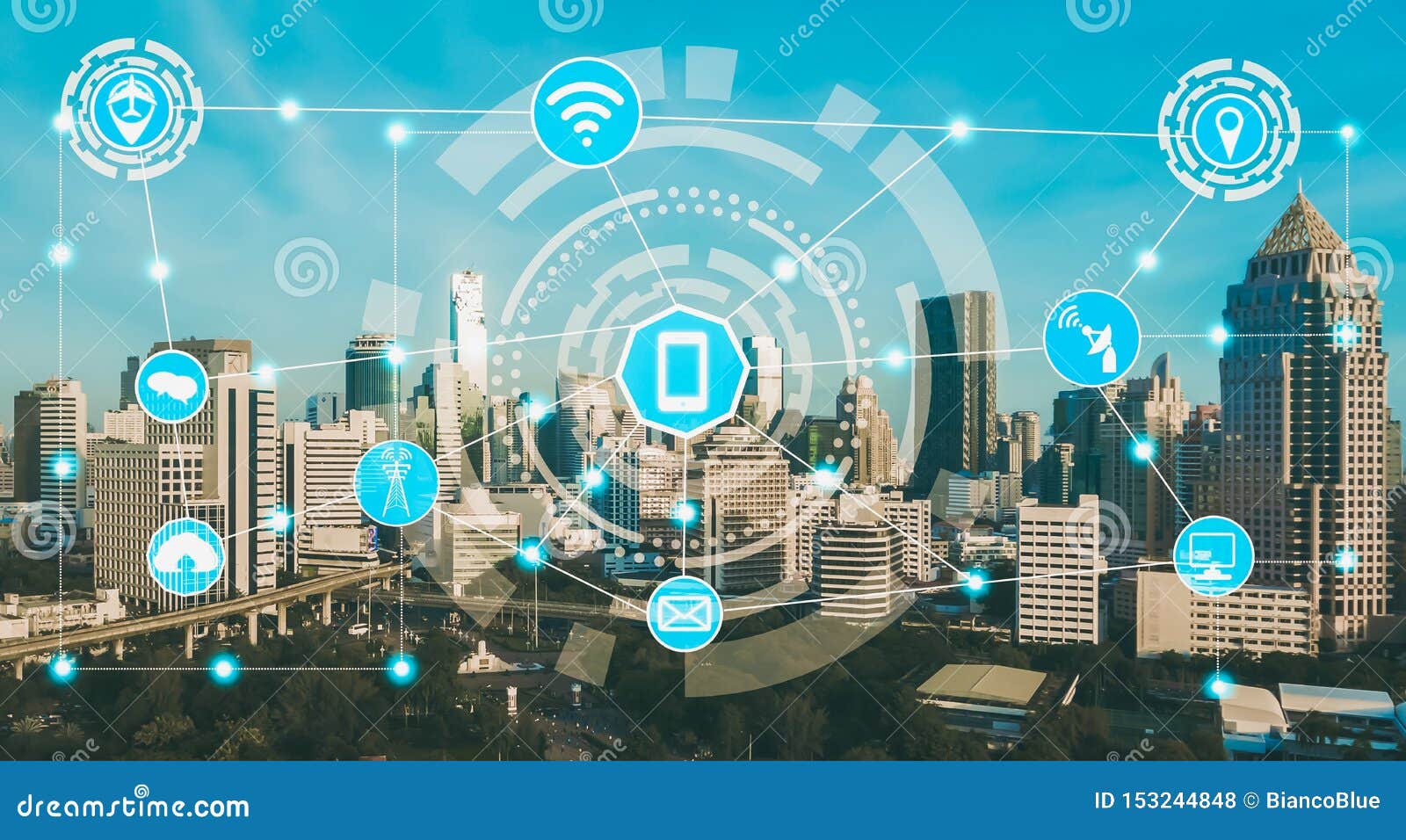 Smart City and Wireless Communication Network Stock Photo - Image of ...