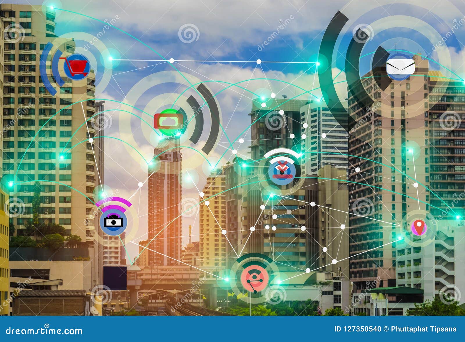 Smart City and Wireless Communication Network Concept IOT Internet of ...