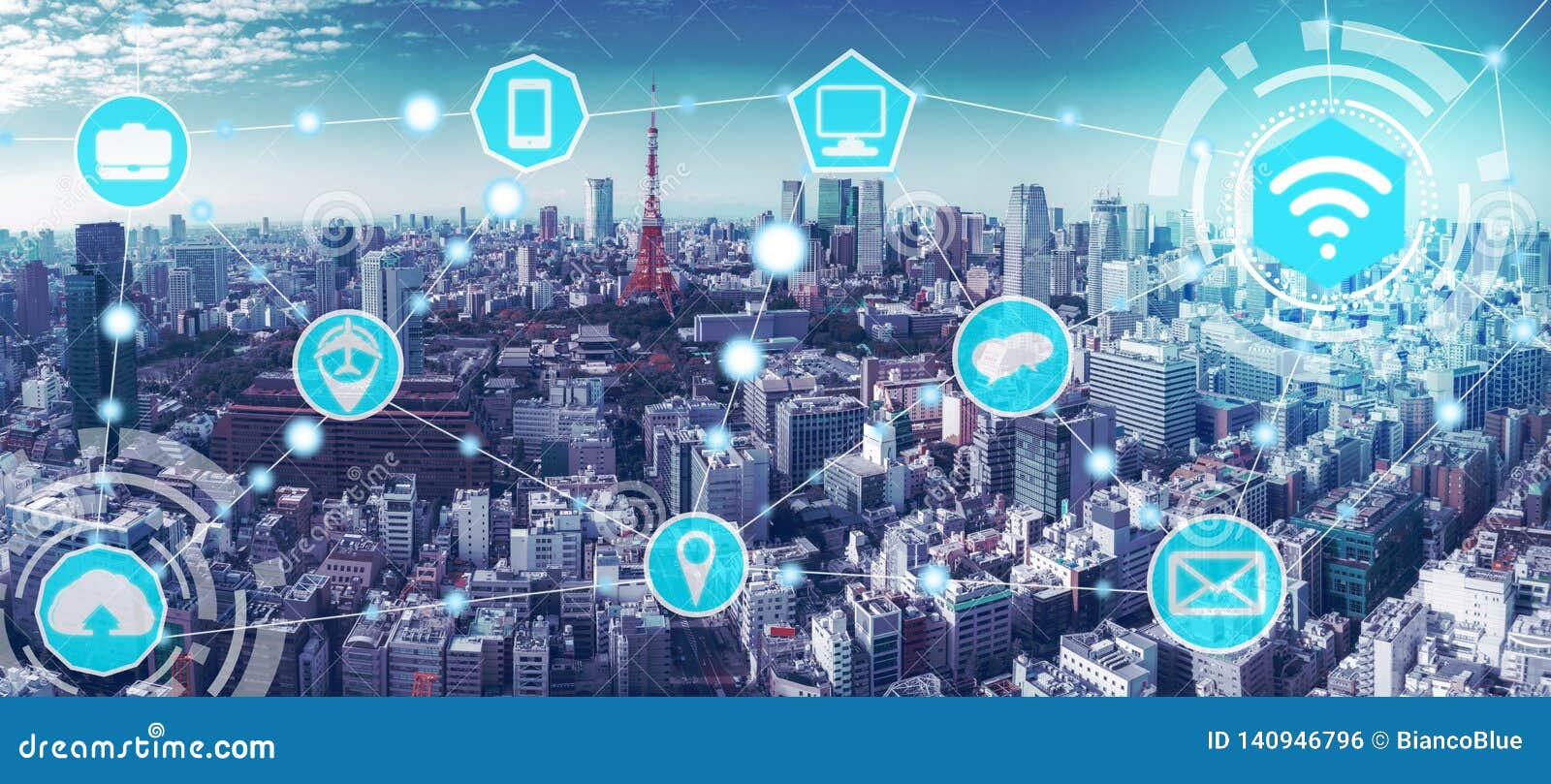 Smart City and Wireless Communication Network Stock Photo - Image of ...