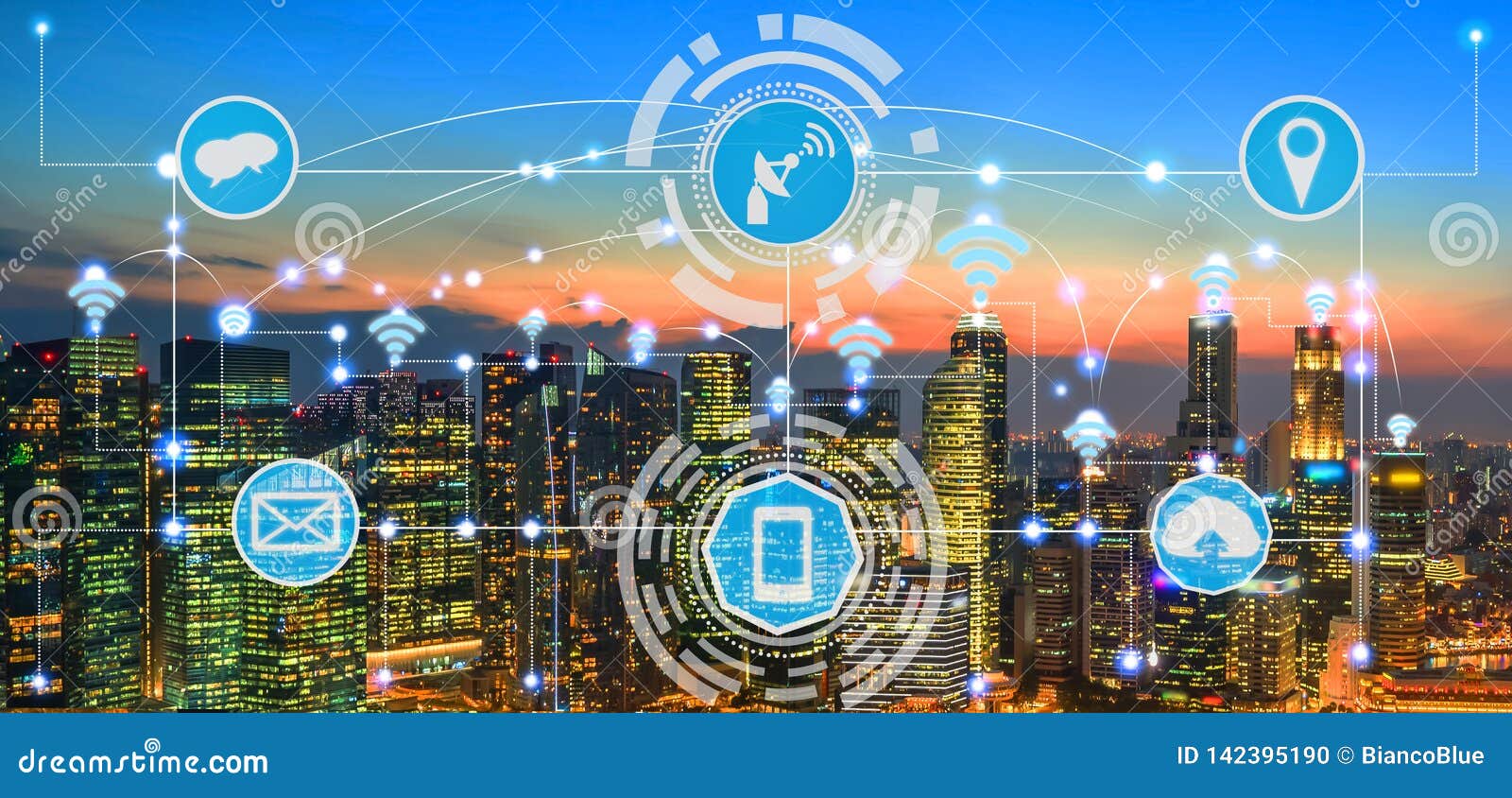 Smart City and Wireless Communication Network Stock Photo - Image of ...