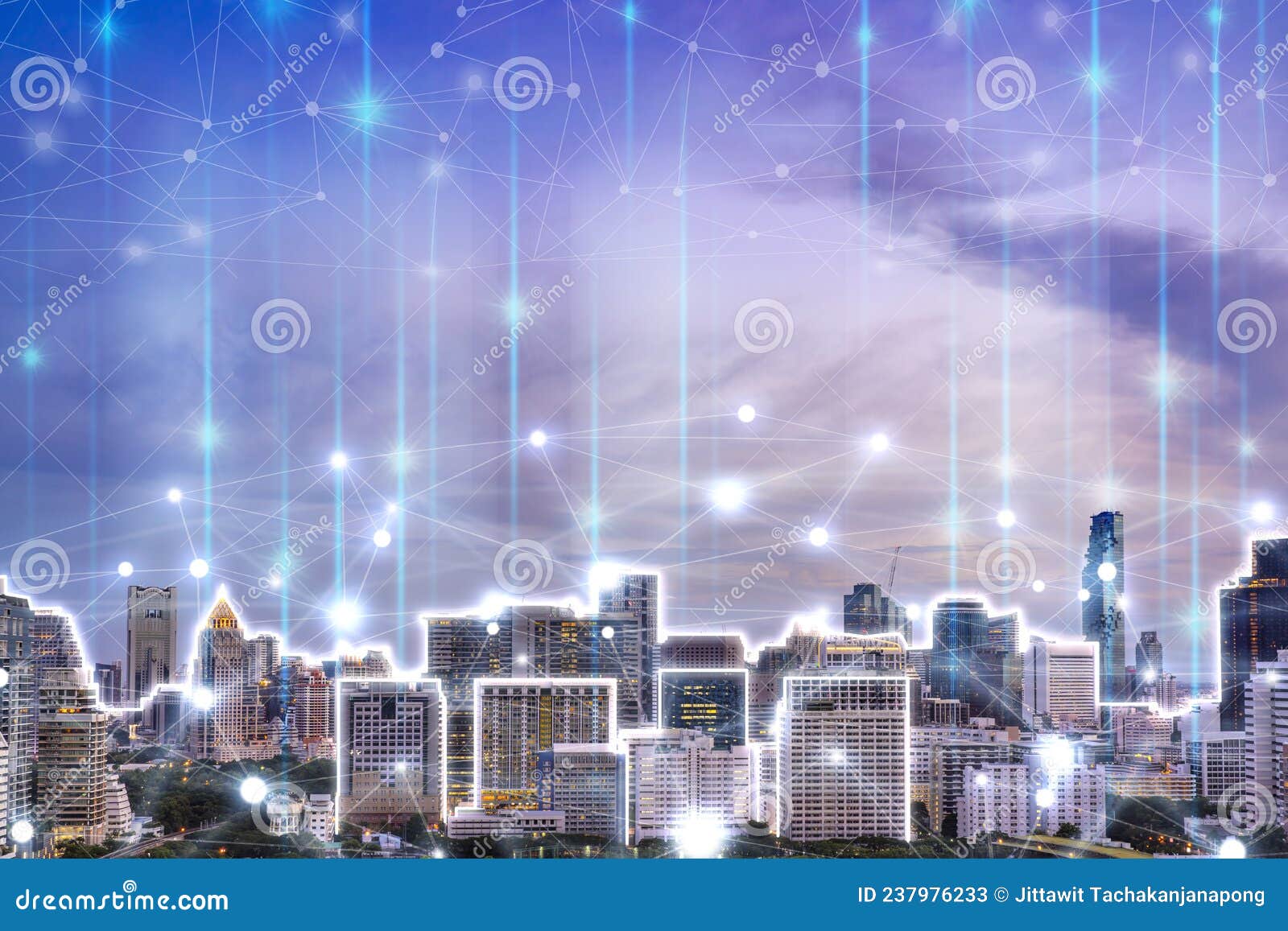 Smart City and Wireless Communication Network on Skyscrapers Background ...