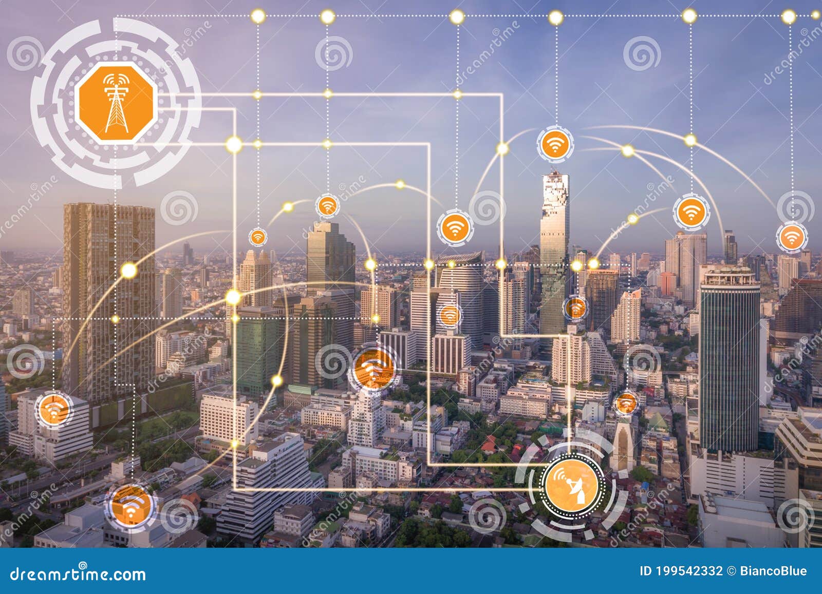 Smart City and Wireless Communication Network. Stock Photo - Image of ...
