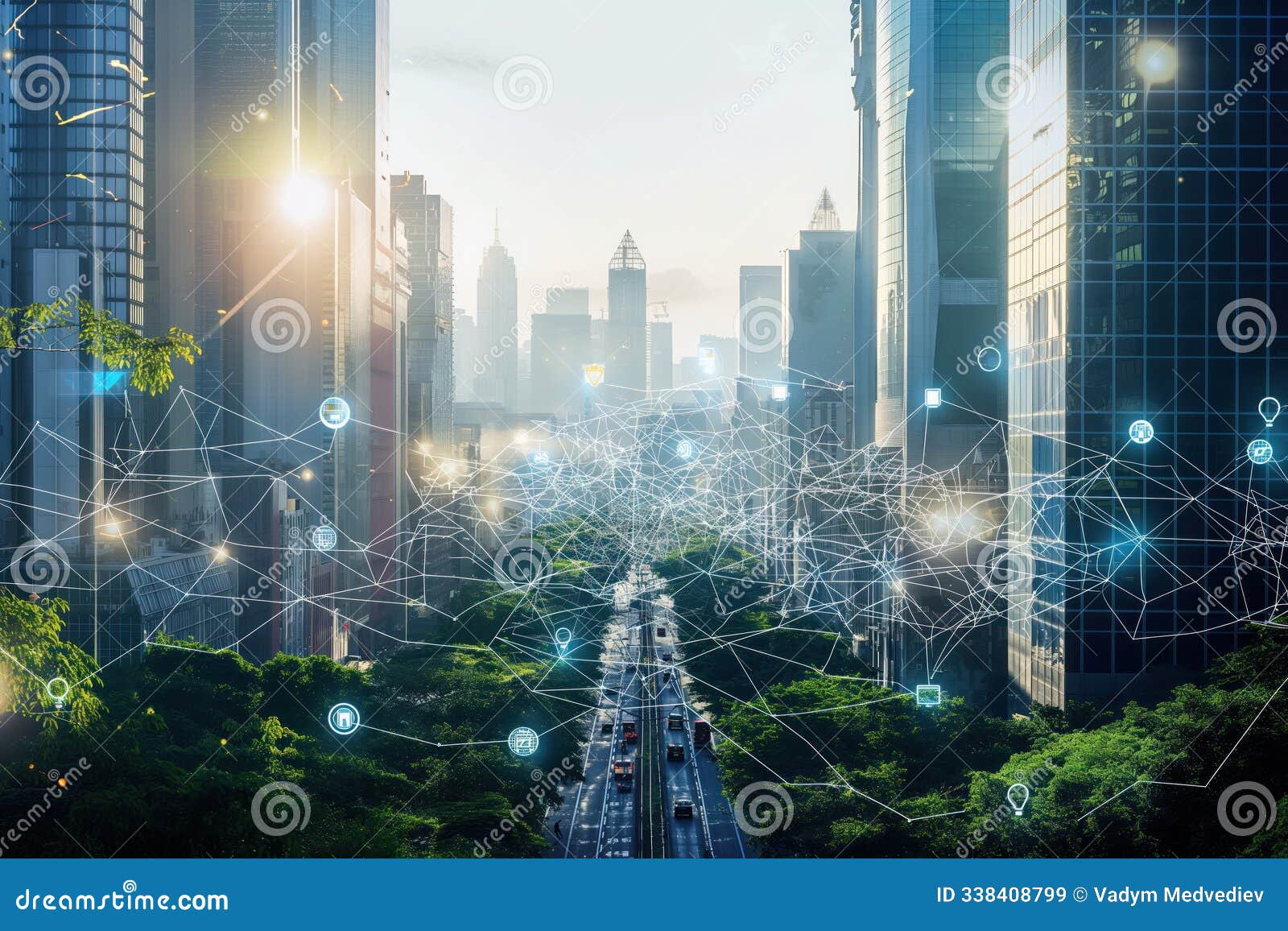 A Cityscape With Sensors And Data Lines, Representing The Concept Of A ...