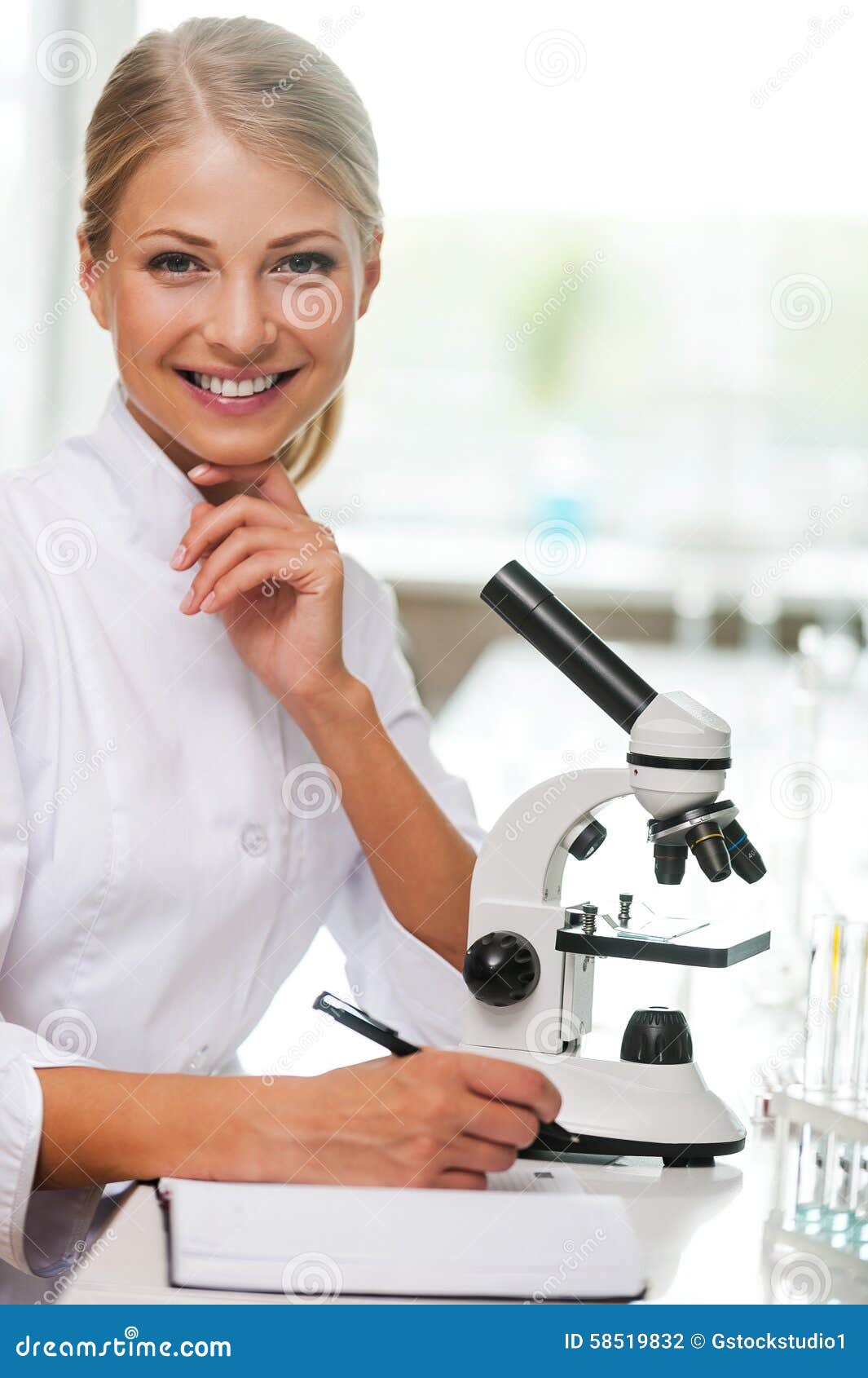 Female Scientist Smiling Her Hand Chin Stock Photos - Free & Royalty ...
