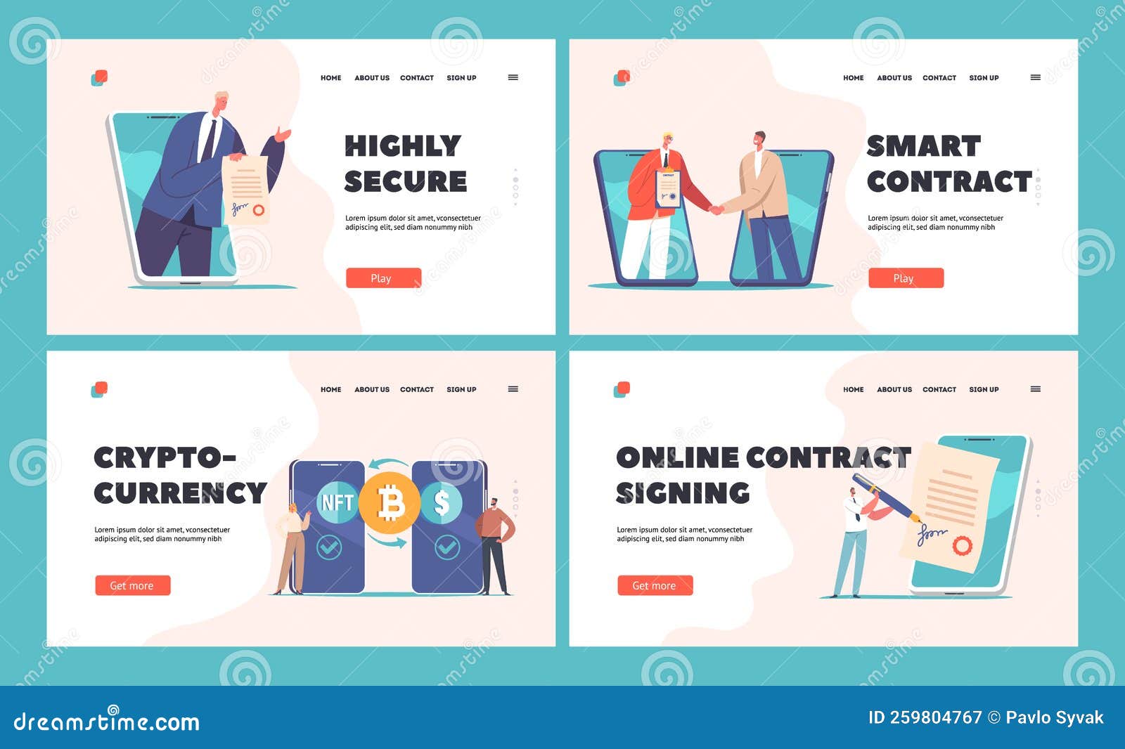 Smart Contract Landing Page Template Set. Users Exchanging ...
