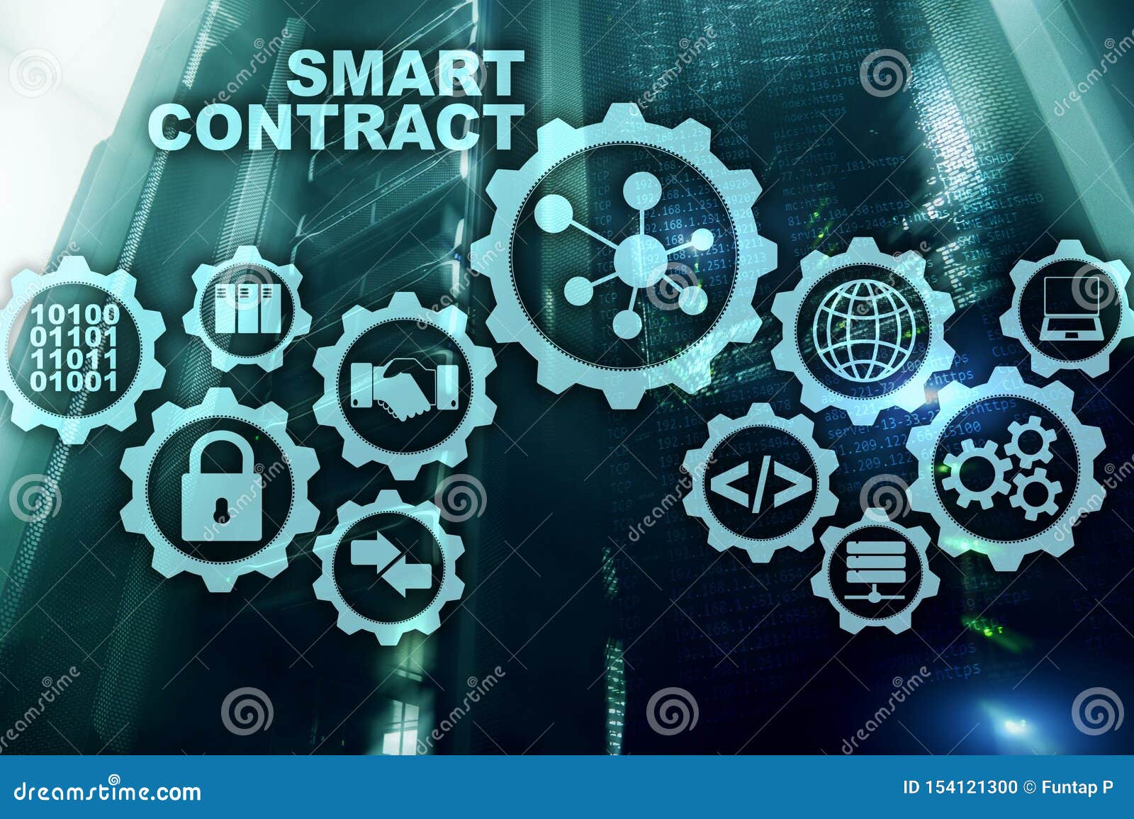 Smart Contract on Modern Server Room Background. Business Technology ...